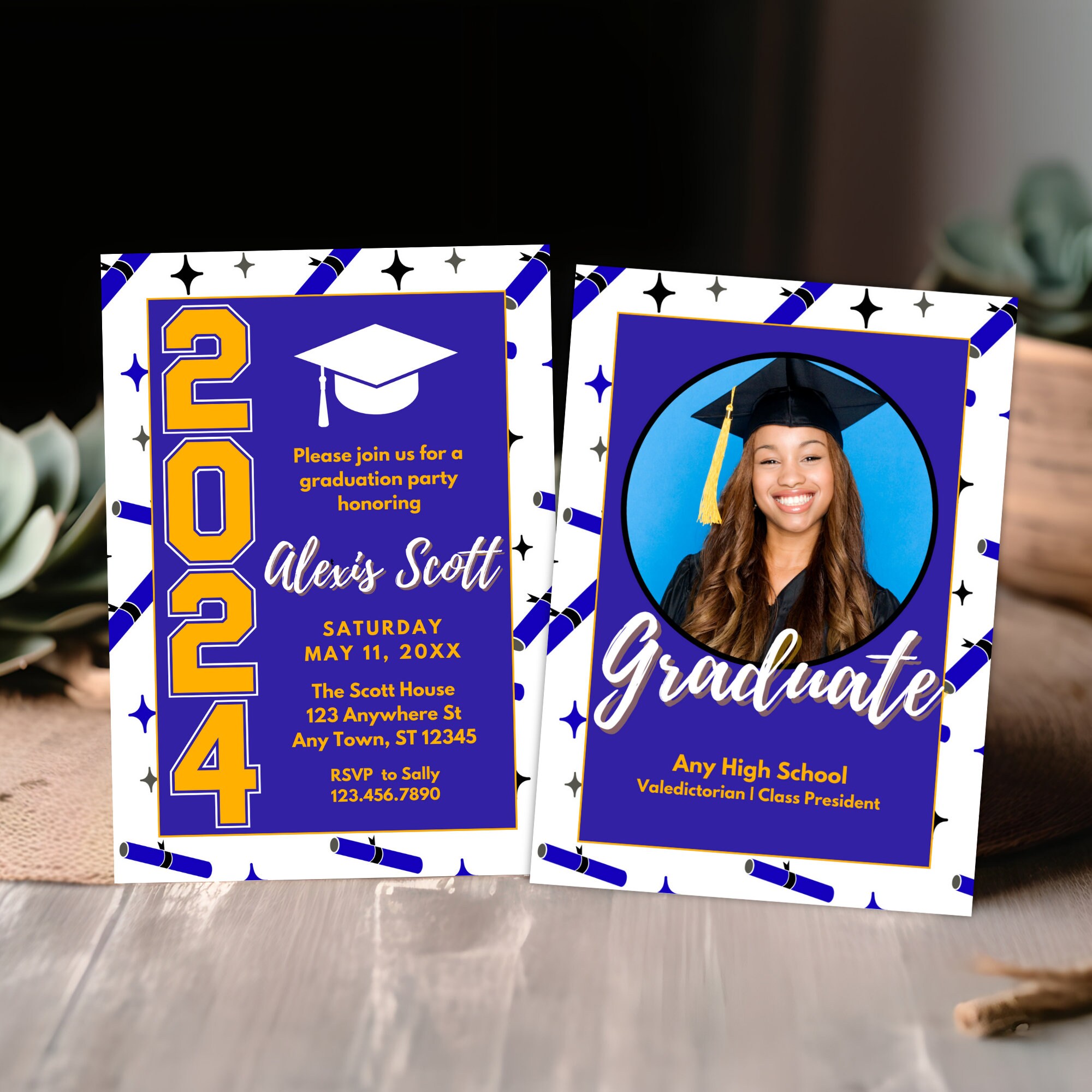 Modern Graduation Invitation Canva Template, Blue and Yellow Grad ...
