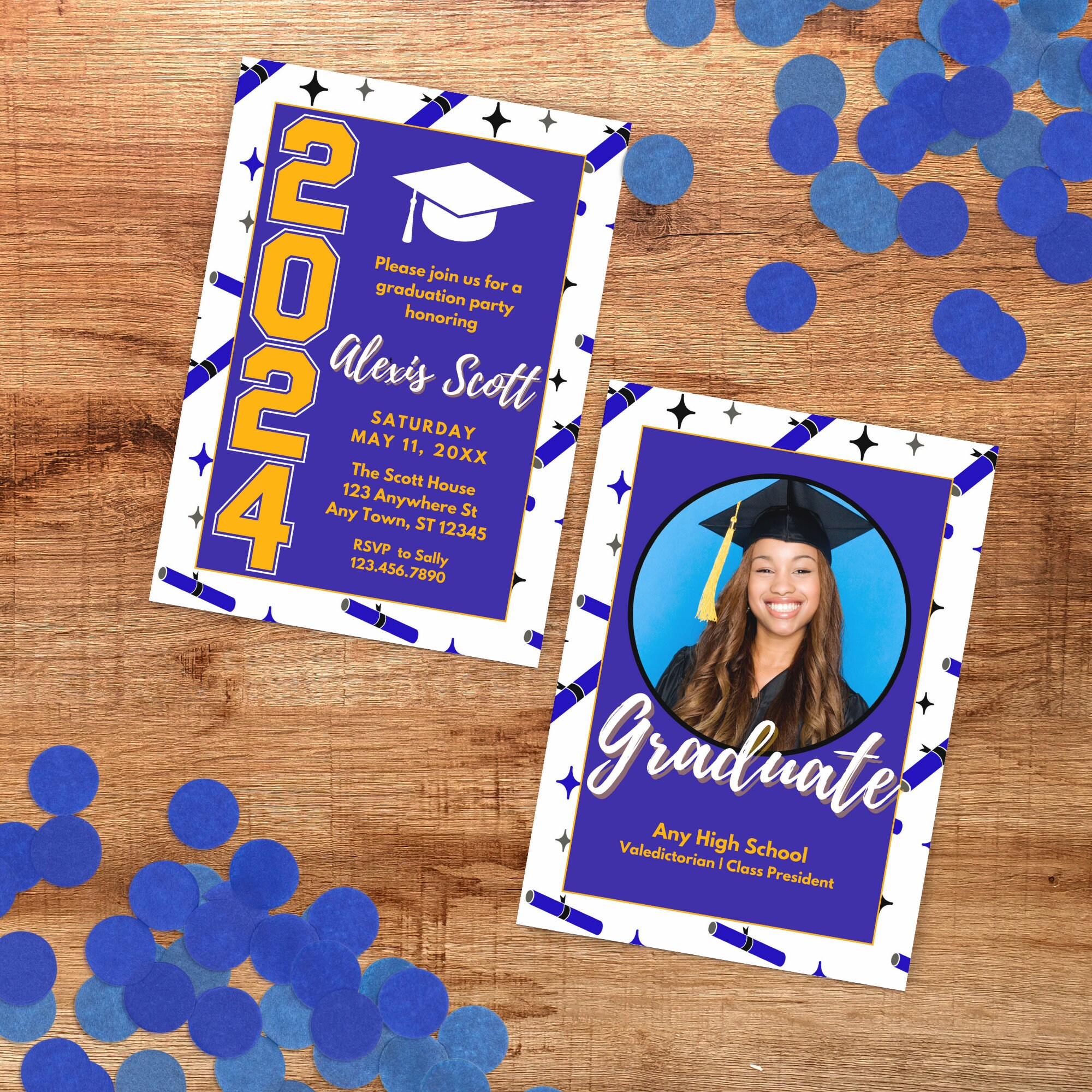 Modern Graduation Invitation Canva Template, Blue and Yellow Grad ...