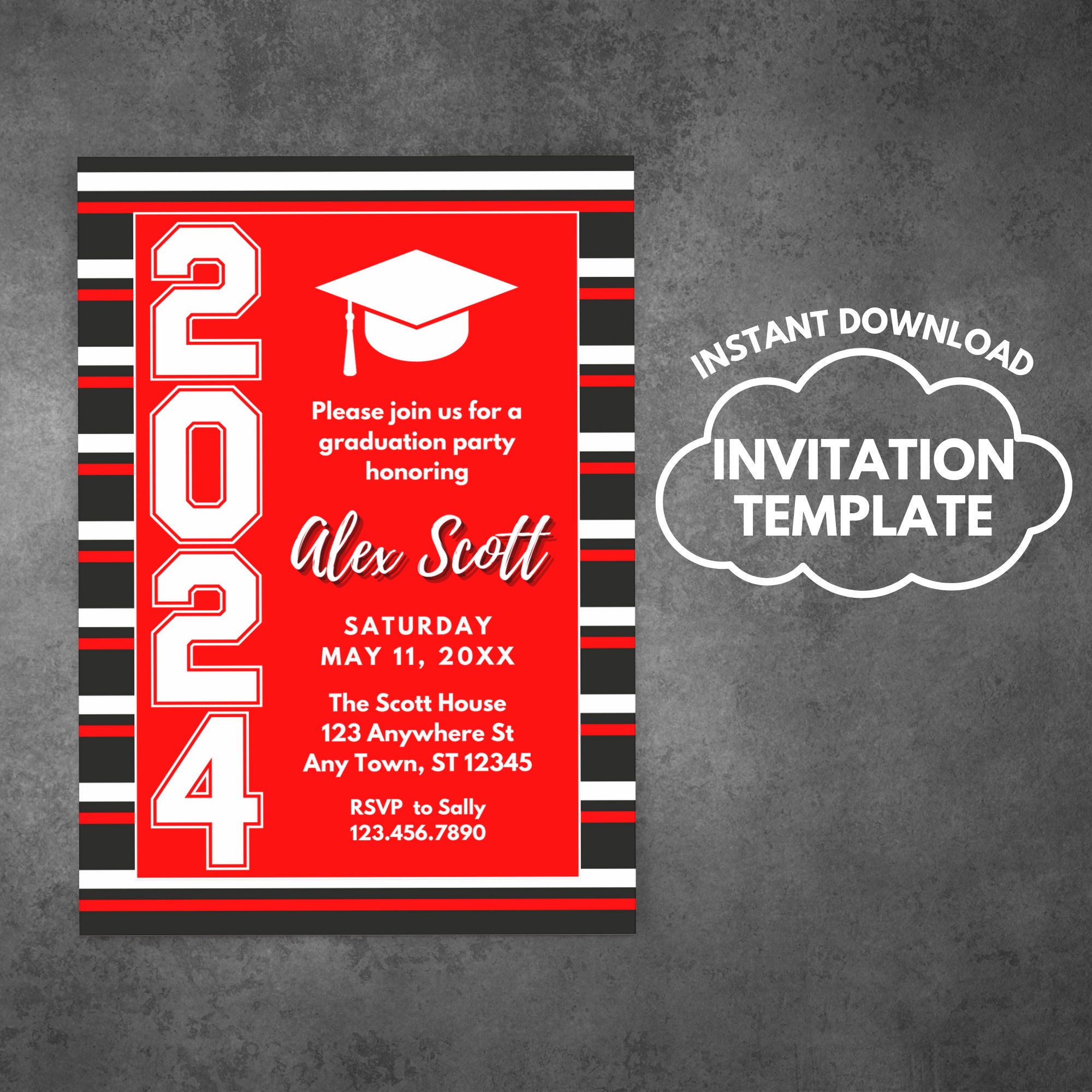 2024 Red Stripe Graduation Invitation Canva Template for Grad Party ...