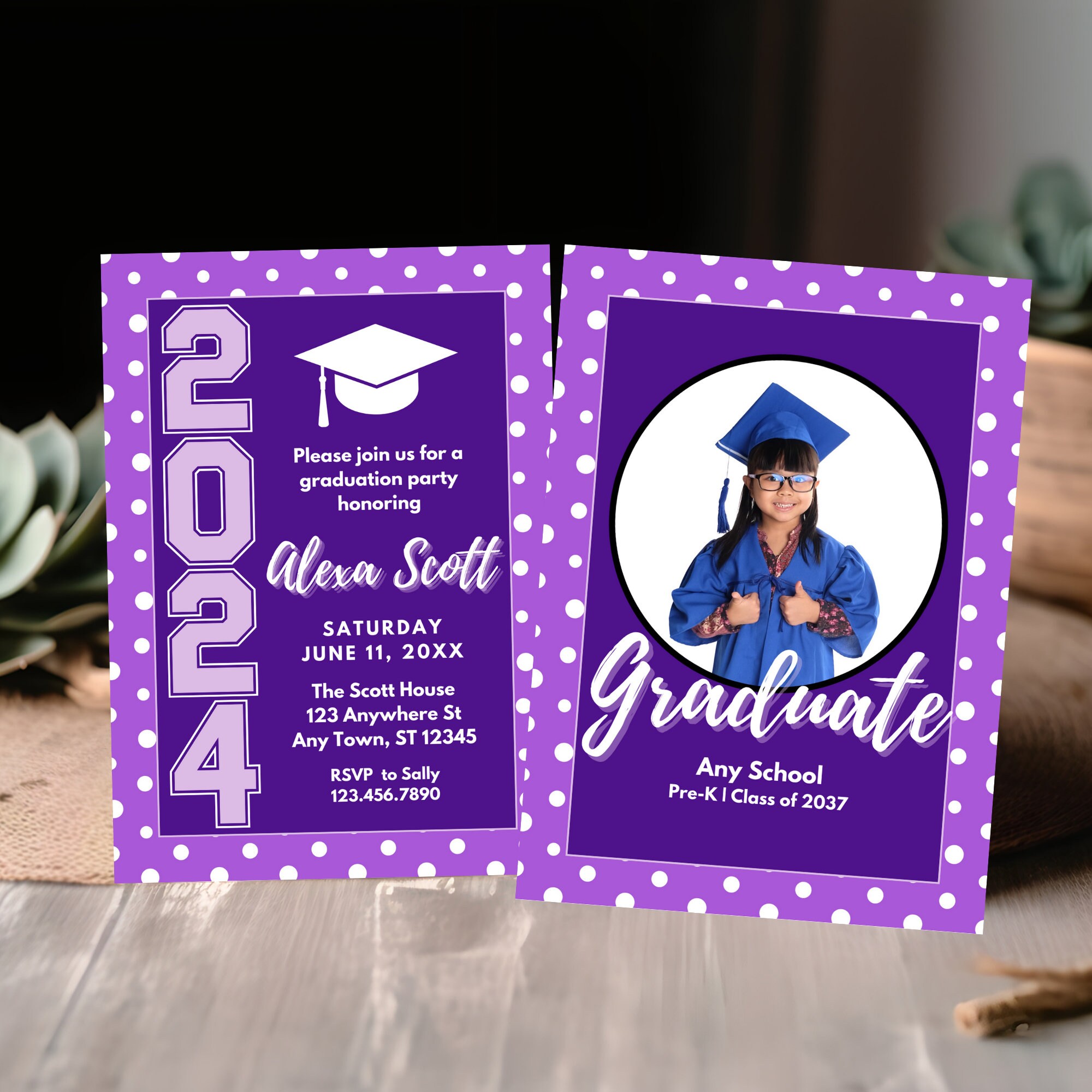 Purple Graduation Invitation Canva Template, 2024 Polka Dot Grad ...