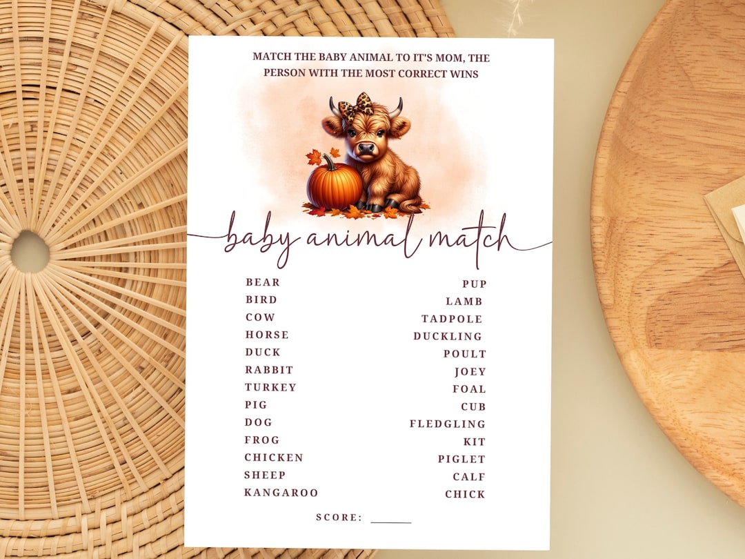 Highland Cow Baby Shower Games, Printable Baby Animal Match Game ...