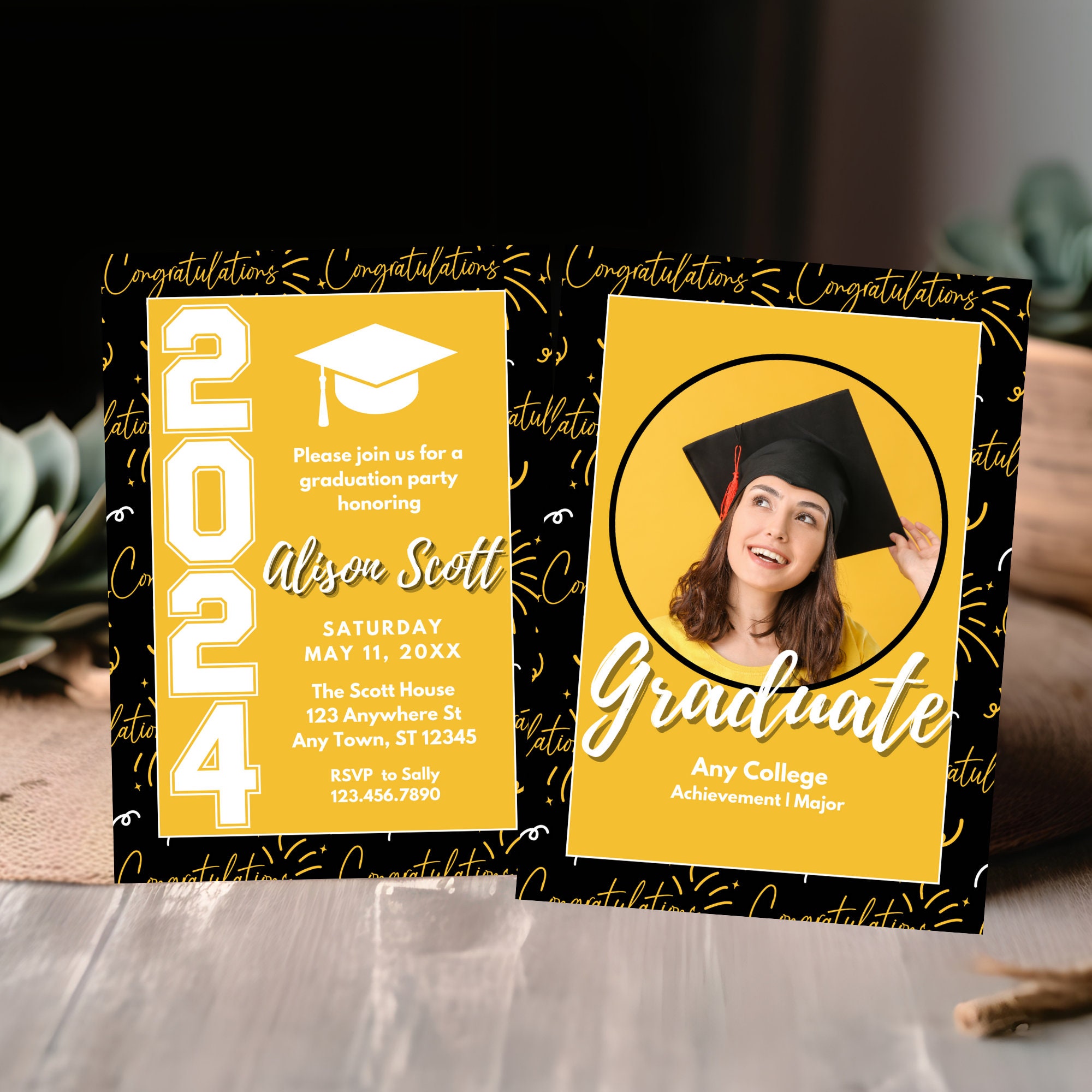 Yellow Invitation Canva Template for Grad Party, 2024 Modern Grad ...