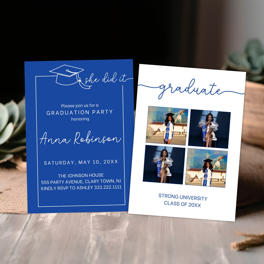 Blue and White Graduation Invitation Canva Template, She Did It Grad ...