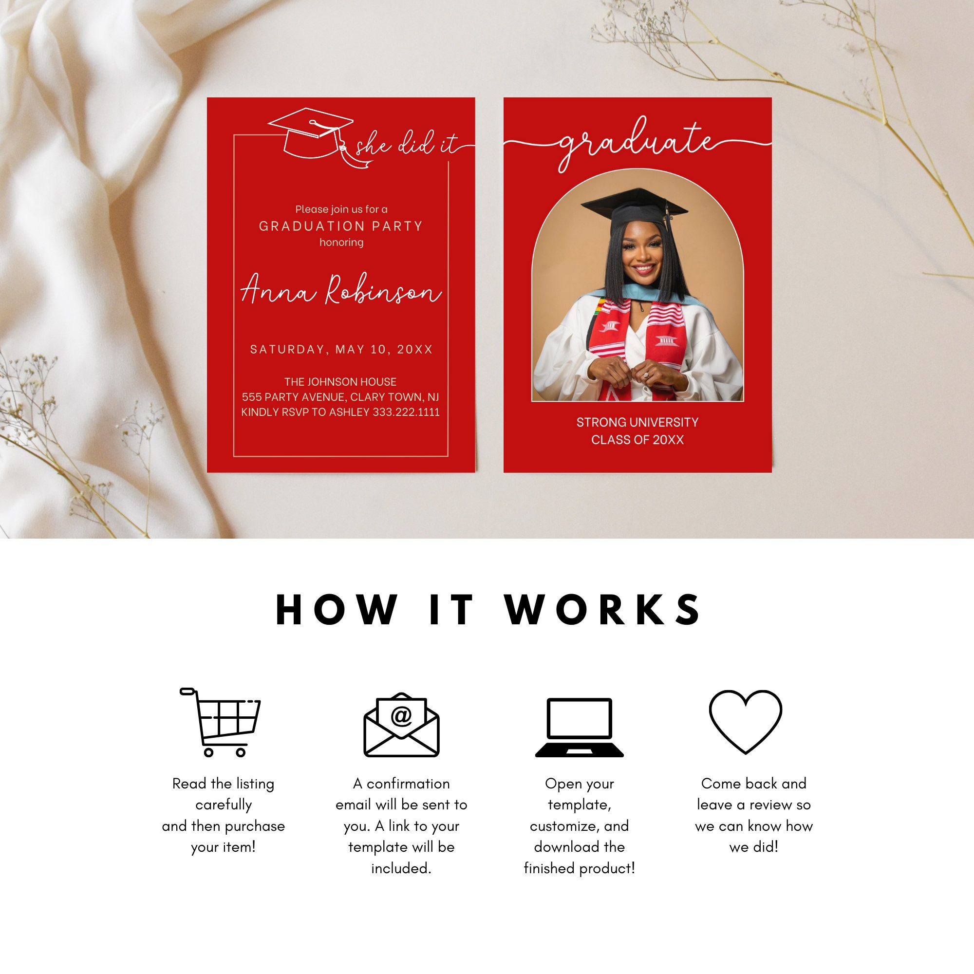 Red Graduation Invitation Canva Template, She Did It Grad Announcement ...