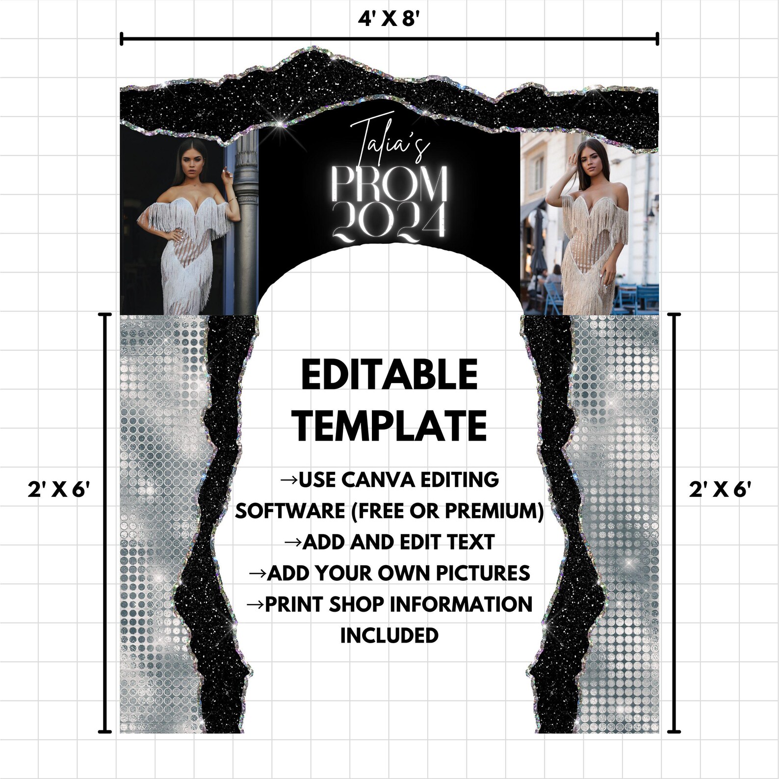 Prom Send off Arch Template, Glam Silver Black Prom Entryway Decor ...
