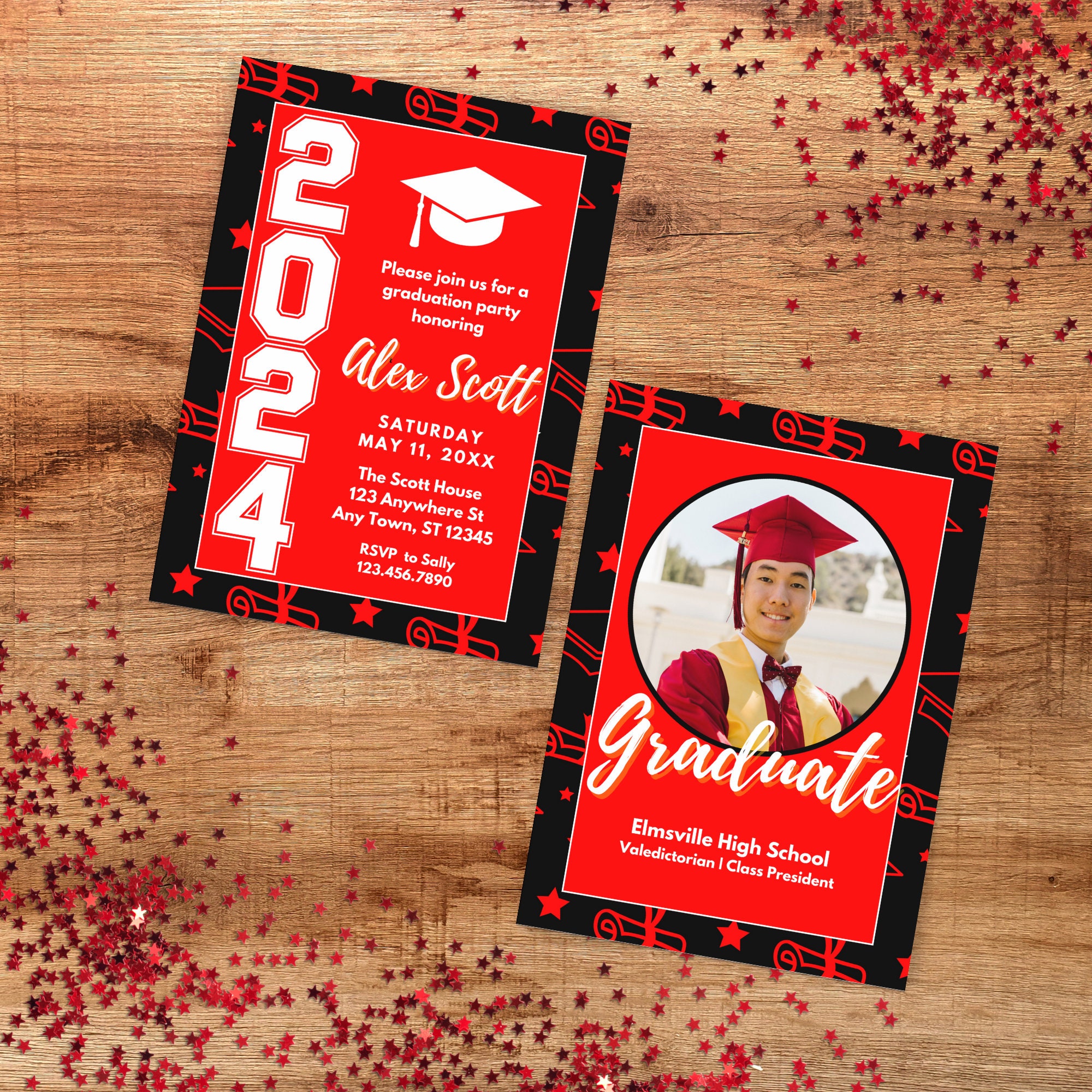 Red Graduate Invitation Canva Template, Modern Grad Announcement Card ...