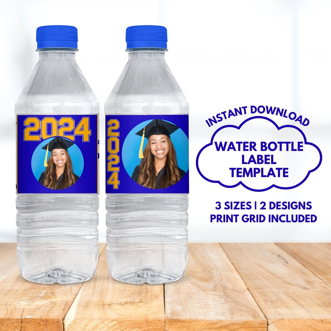 Blue Grad Water Bottle Label Canva Template for Graduation, 2024 ...