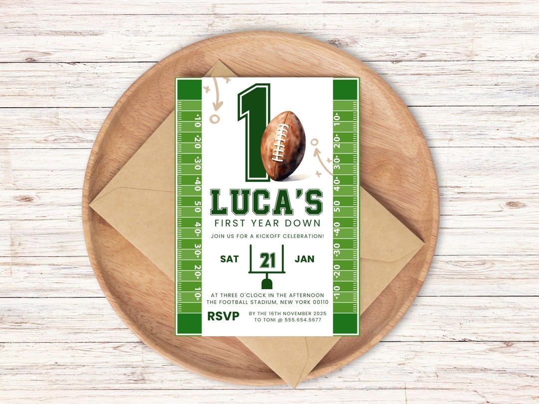 First Year Down Invitation Template, Printable Football First Birthday ...