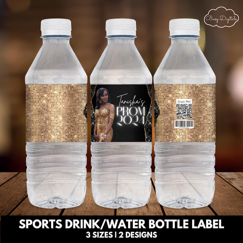 Prom Water Bottle Label, 2025 Party Favor Canva Template, Black and ...