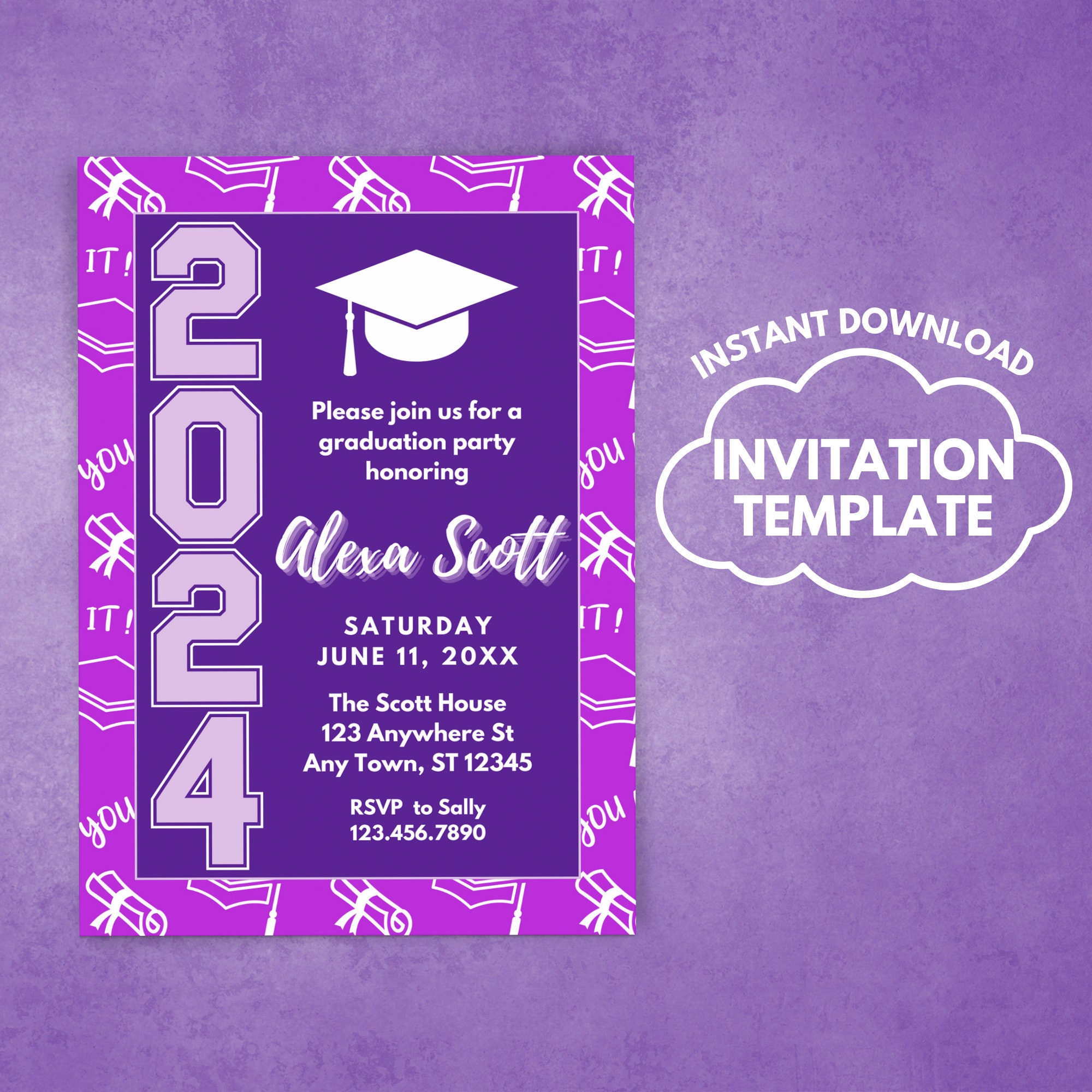 Purple Graduation Invitation Canva Template, You Did It, 2024 Grad ...