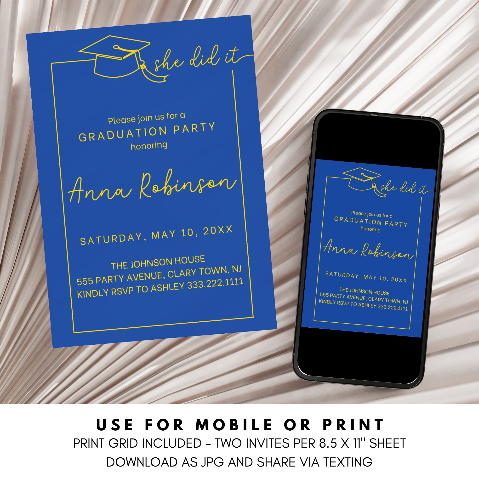 Blue and Yellow Graduation Invitation Canva Template - Etsy