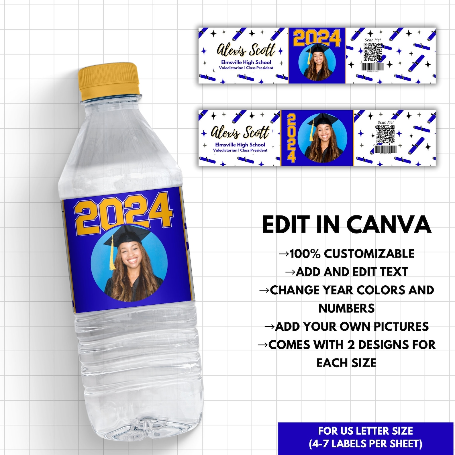 Blue Grad Water Bottle Label Canva Template for Graduation, 2024 ...
