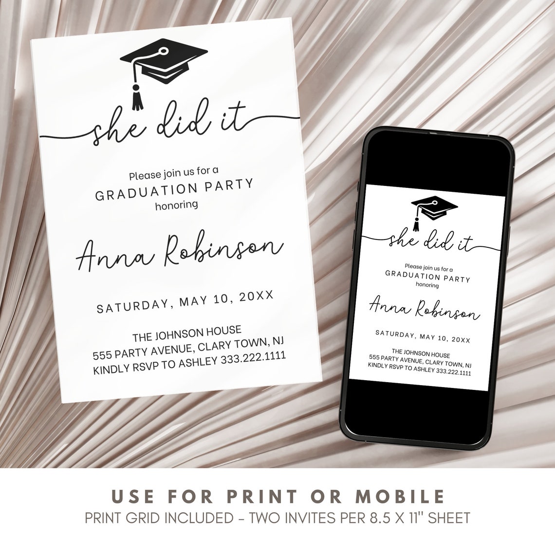 She Did It Grad Party Invite Canva Template, Minimalist Graduation ...