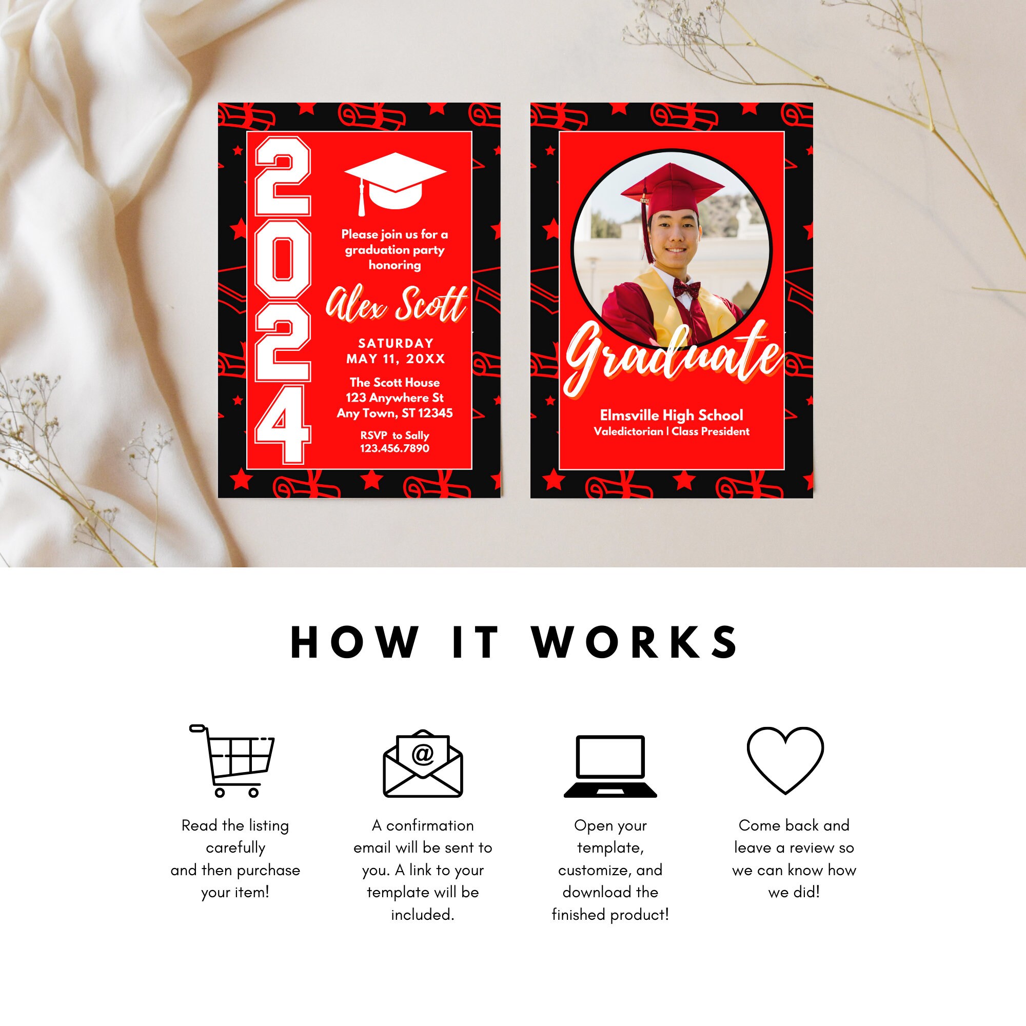 Red Graduate Invitation Canva Template, Modern Grad Announcement Card ...