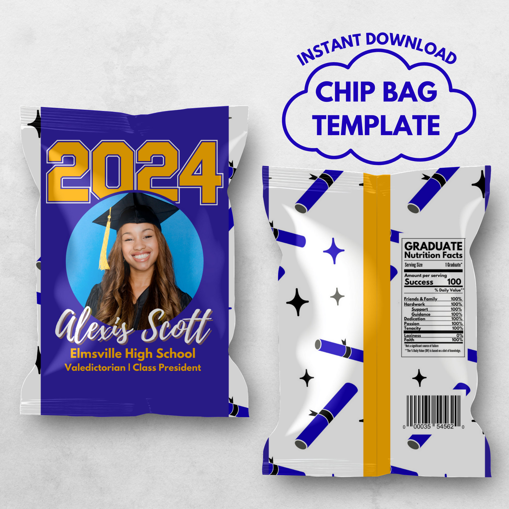 Blue Grad Chip Bag Canva Template for Graduation, 2024 Graduate Custom ...