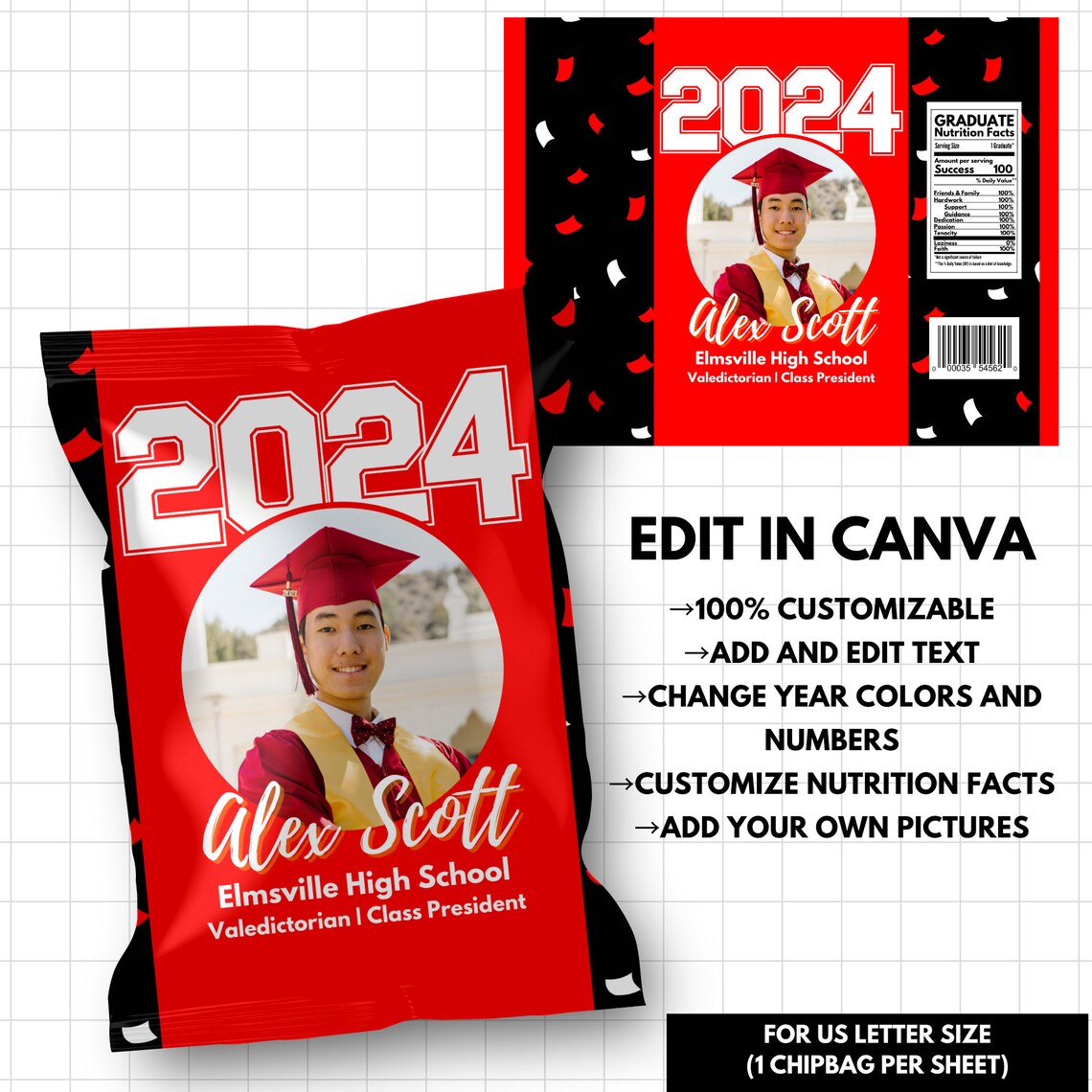 Red Chip Bag Canva Template for Graduation, 2024 Graduate Custom ...