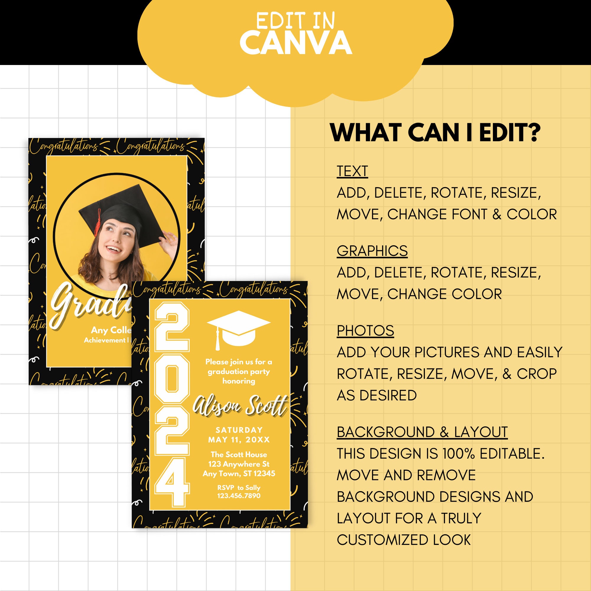 Yellow Invitation Canva Template for Grad Party, 2024 Modern Grad ...