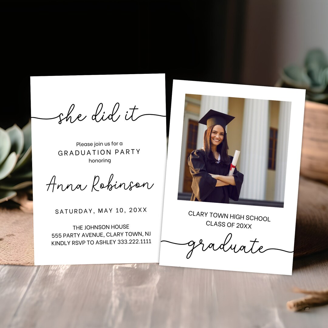 She Did It Grad Party Invite Canva Template, Minimalist Graduation ...