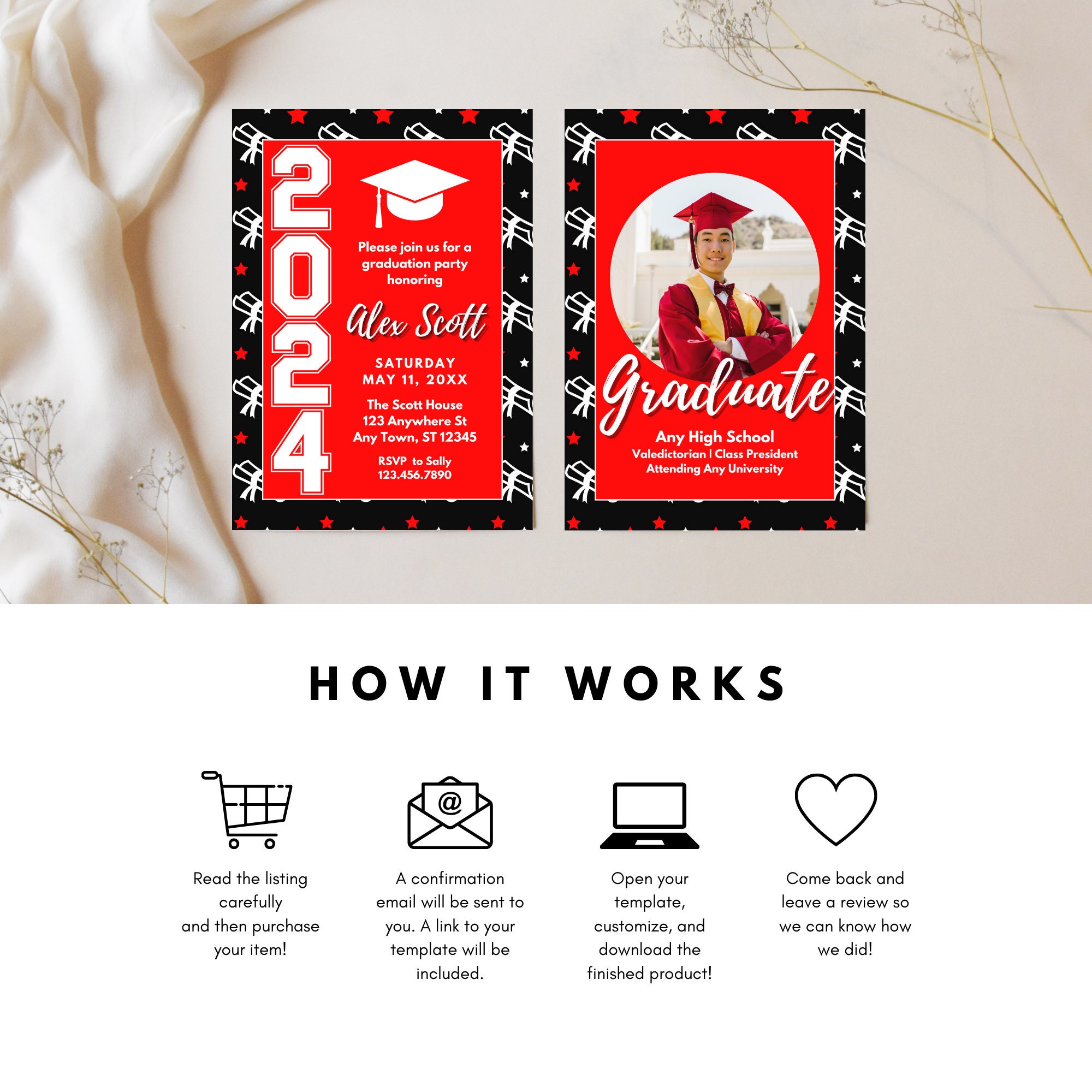 2024 Red Graduation Invitation Canva Template for Grad Party, Modern ...