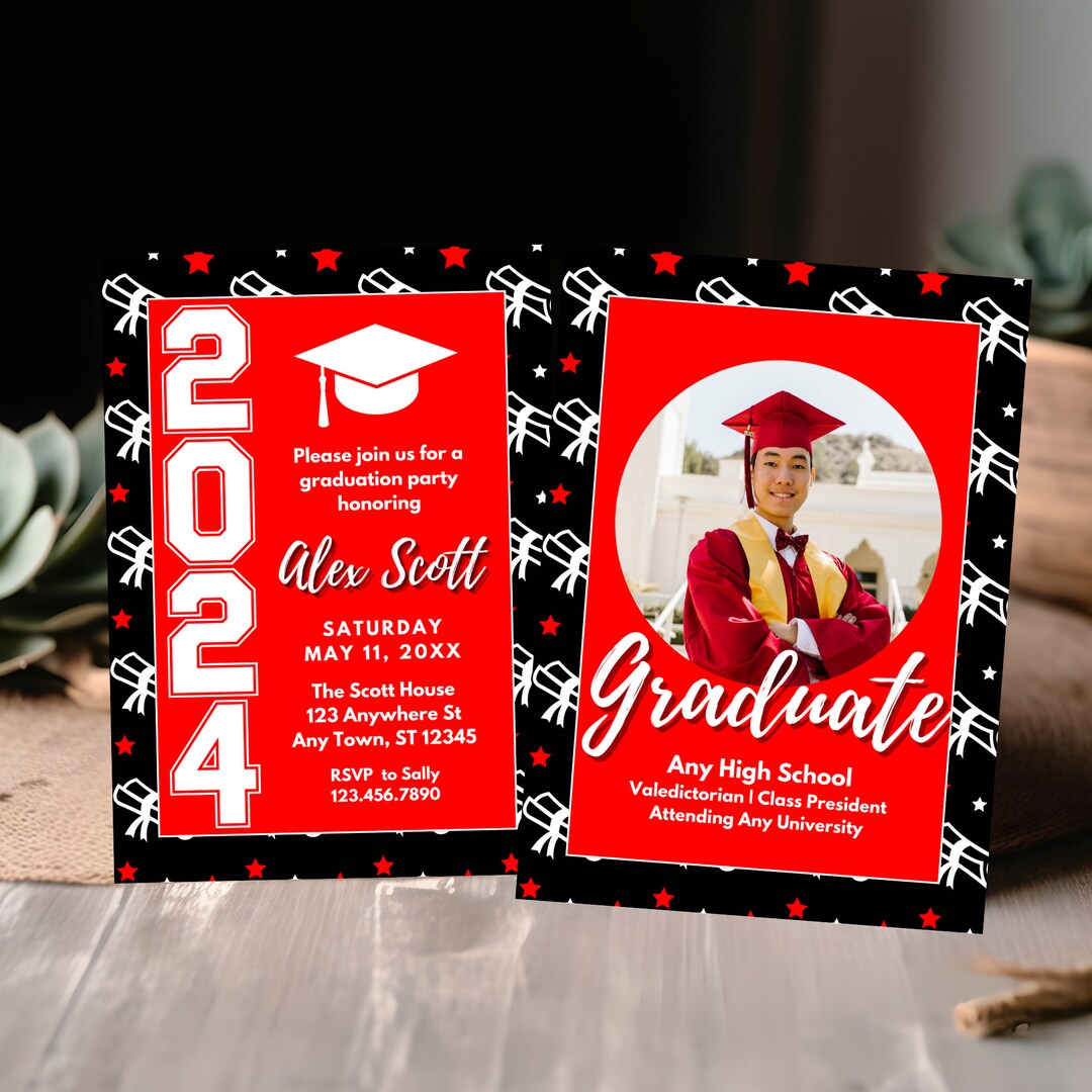 2024 Red Graduation Invitation Canva Template for Grad Party, Modern ...