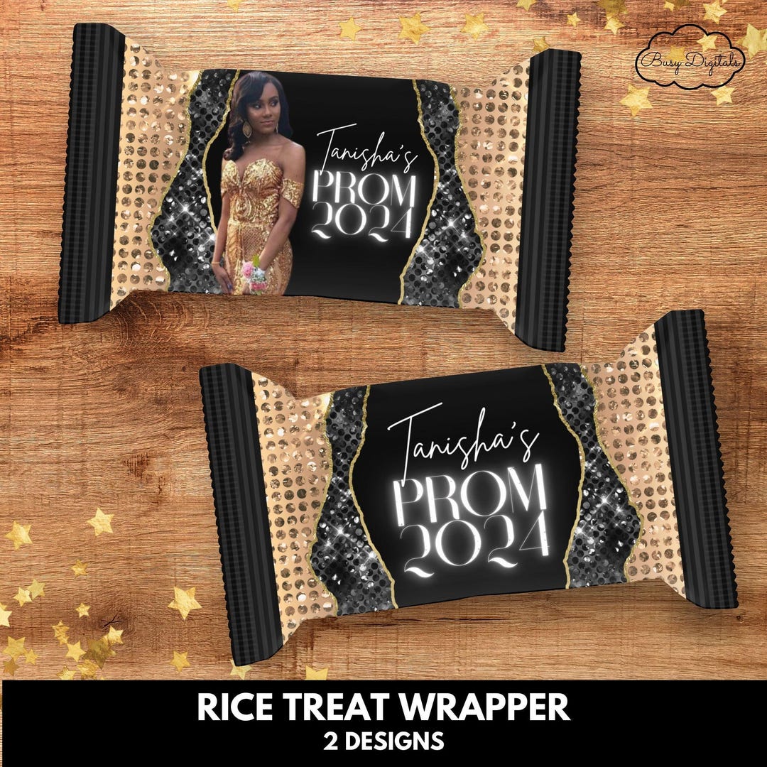 Prom Rice Treat Wrapper, 2026 Party Favor Canva Template, Black and ...