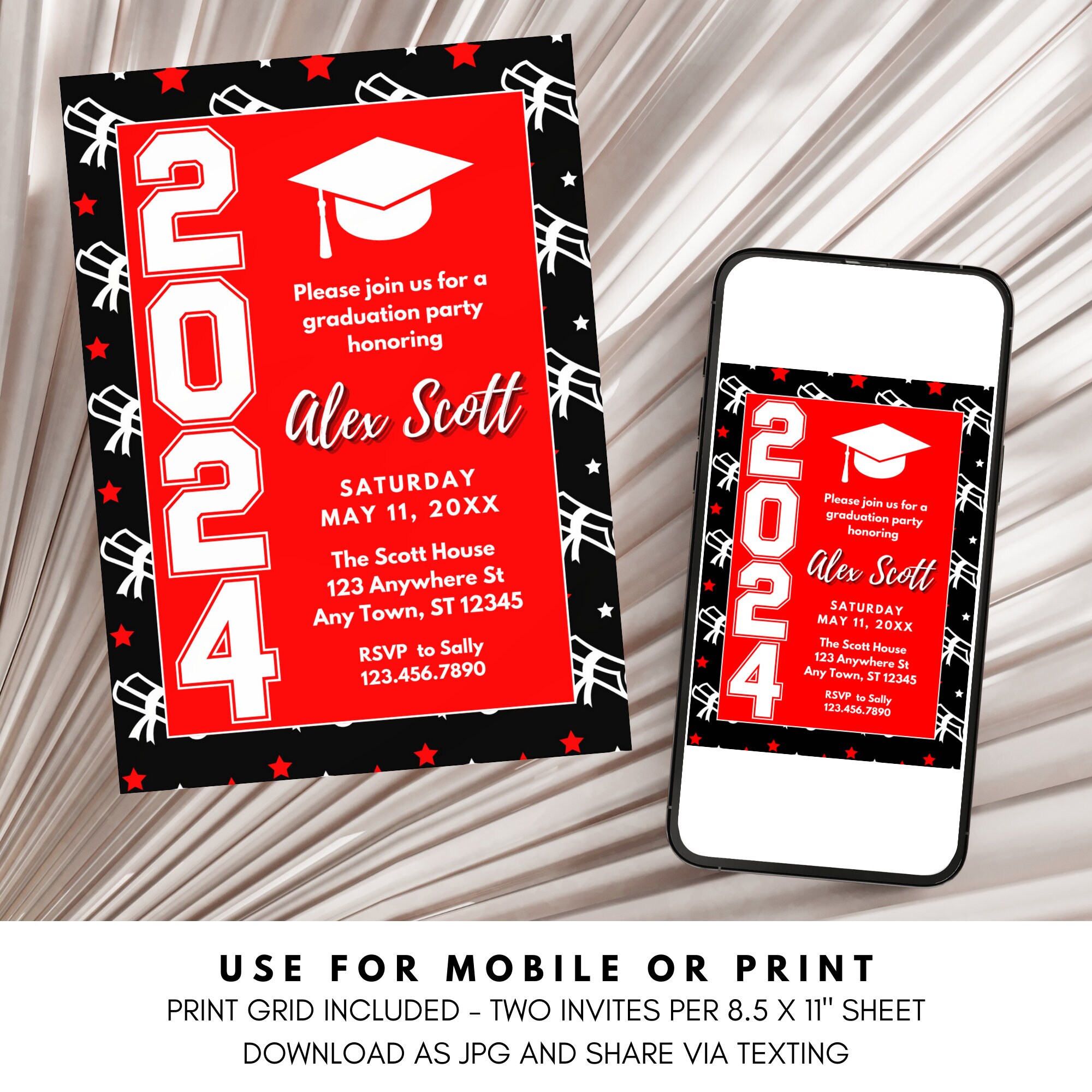 2024 Red Graduation Invitation Canva Template for Grad Party, Modern ...