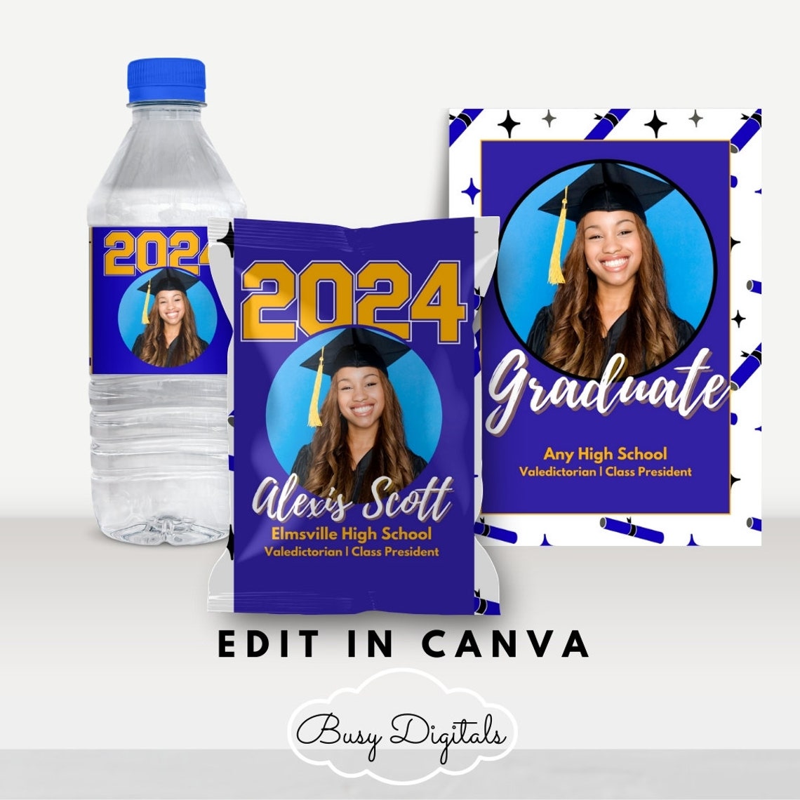 Blue Grad Water Bottle Label Canva Template for Graduation, 2024 ...