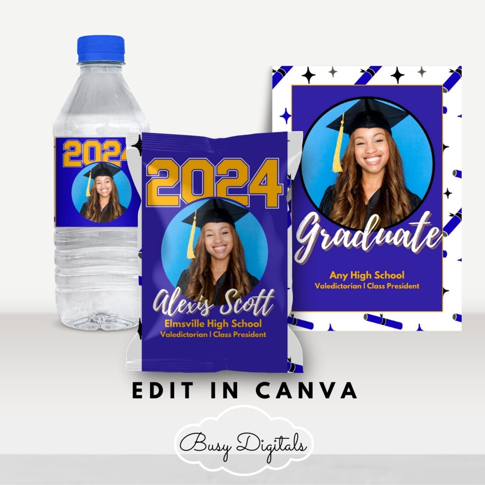 Blue Grad Water Bottle Label Canva Template for Graduation, 2024 ...