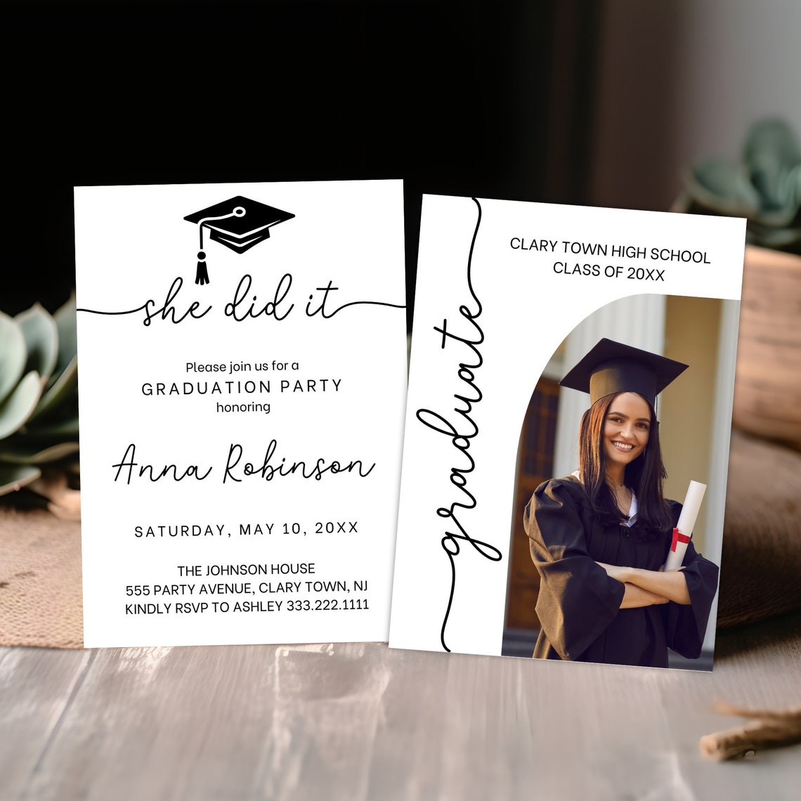 She Did It Grad Party Invite Canva Template, Minimalist Graduation ...
