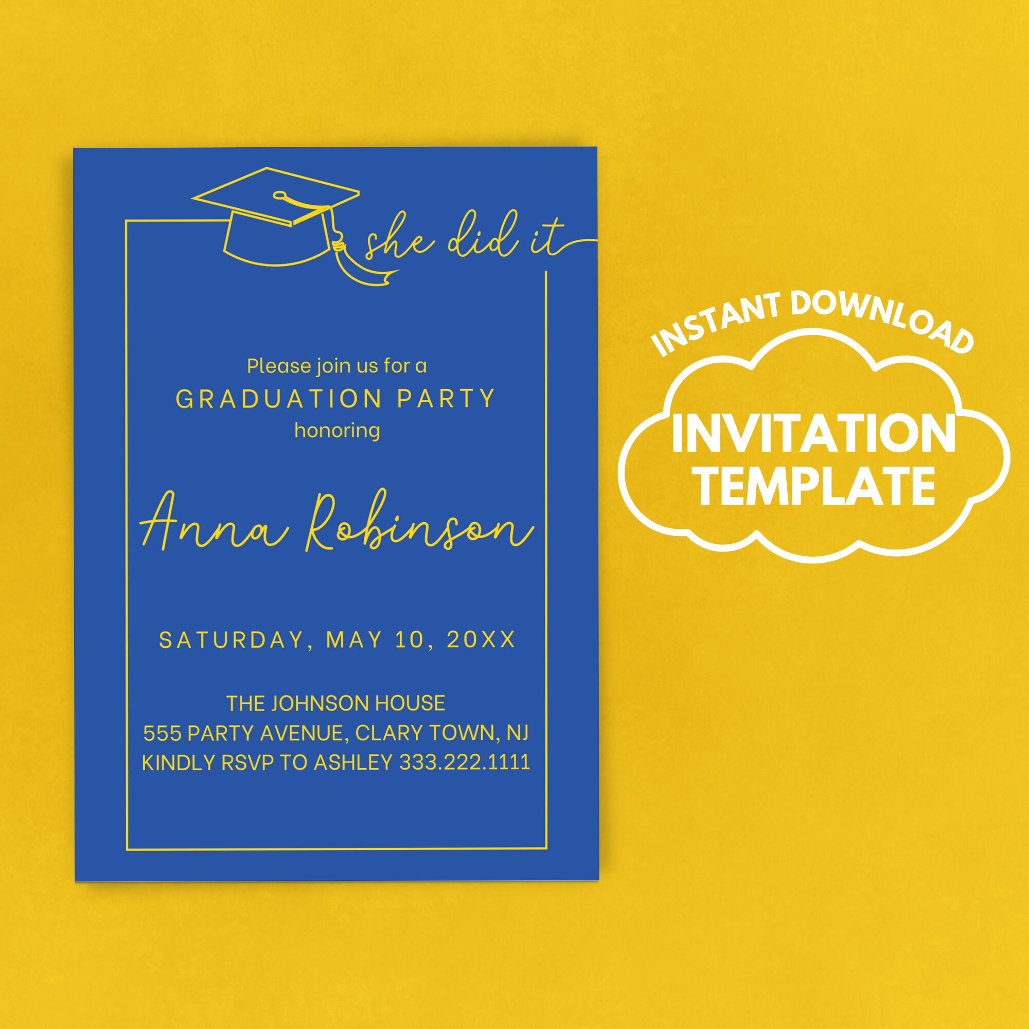 Blue and Yellow Graduation Invitation Canva Template - Etsy