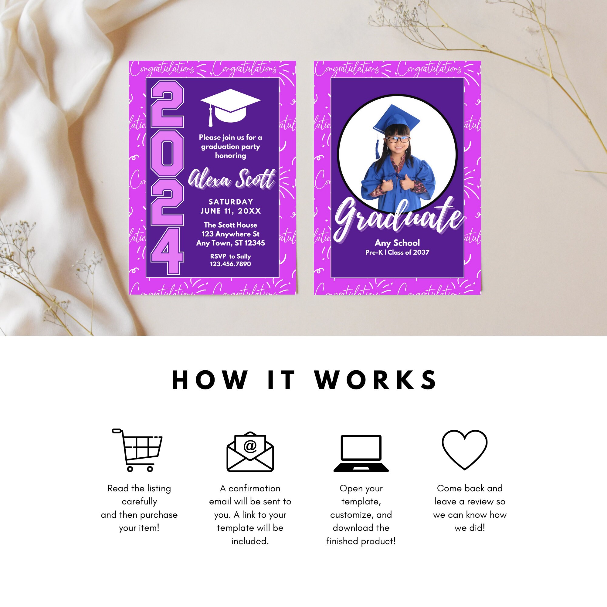 Purple Graduation Invitation Canva Template - Etsy