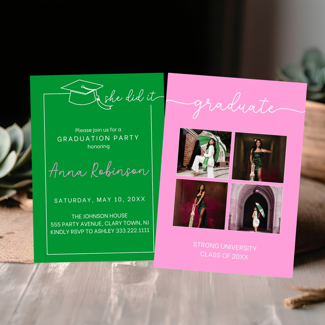 Pink & Green Graduation Invitation Canva Template, She Did It ...