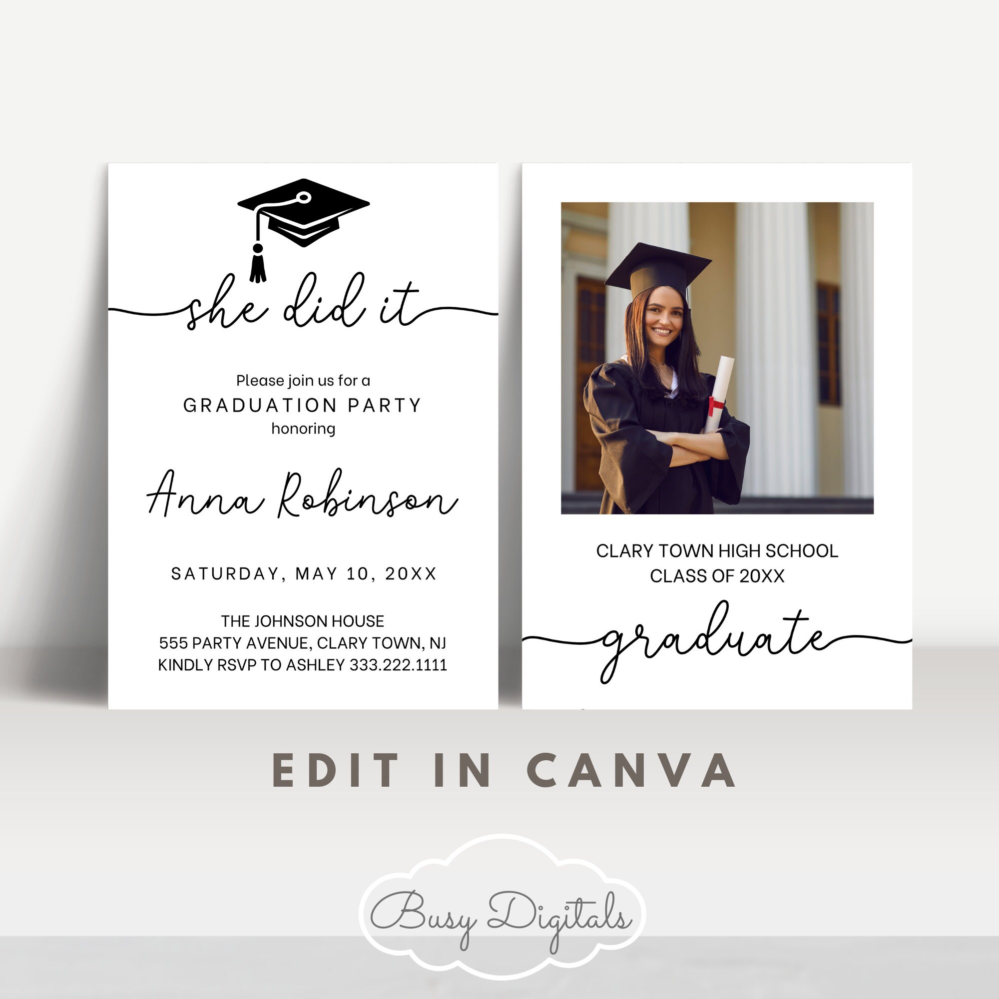 She Did It Grad Party Invite Canva Template, Minimalist Graduation ...
