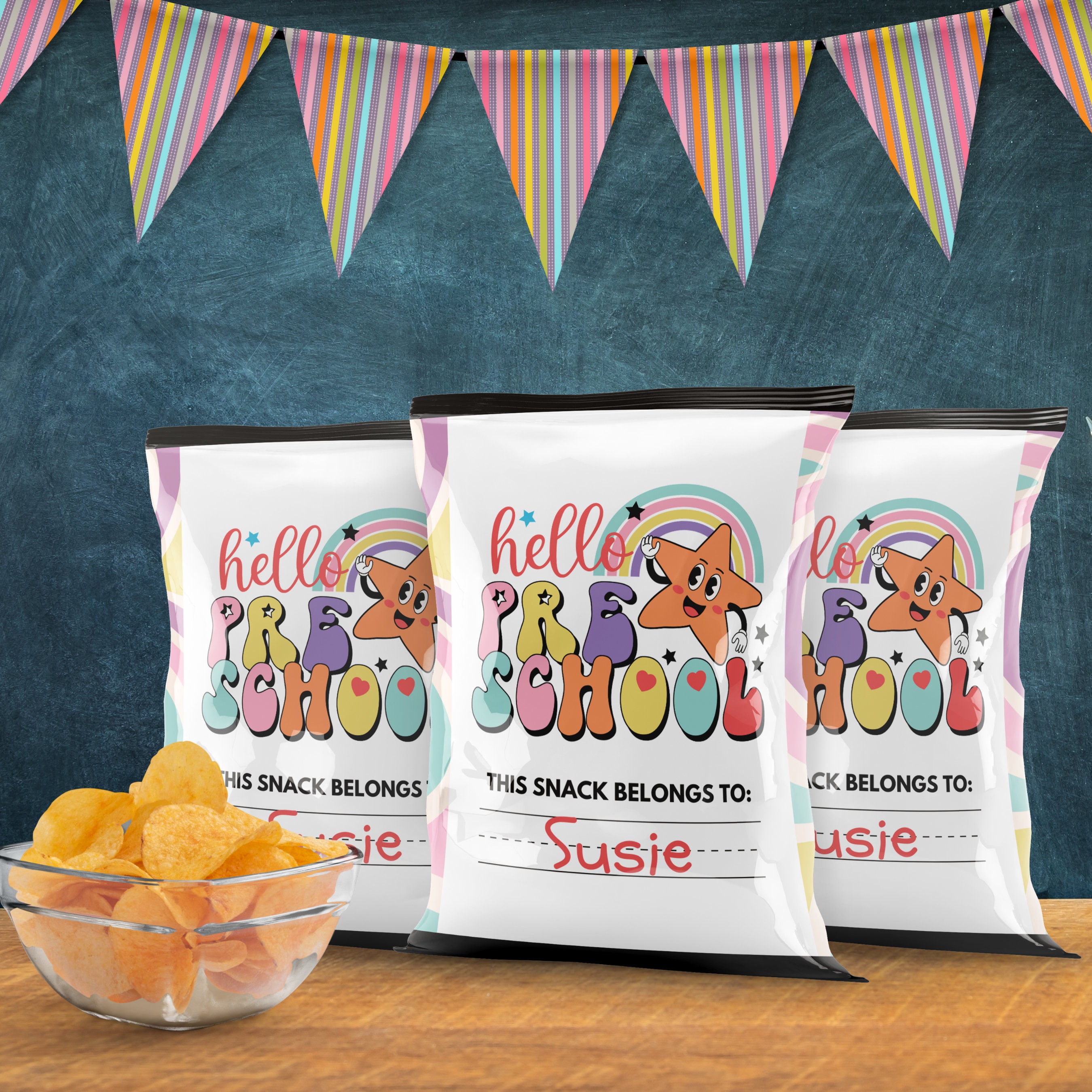 Retro Back to School Chip Bag PNG, Hello Preschool Chipbag Printable ...