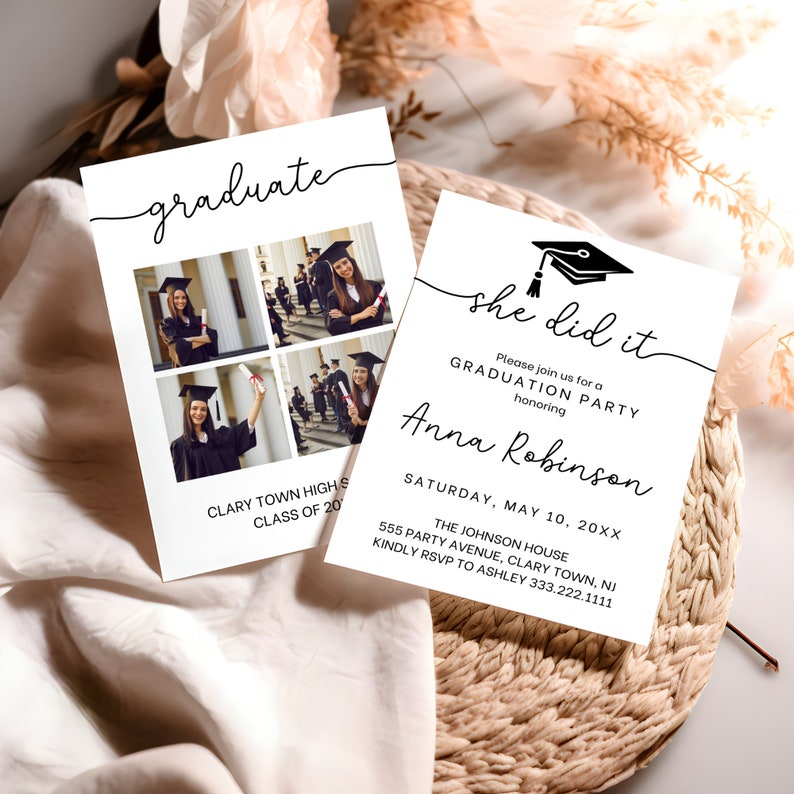 She Did It Grad Party Invite Canva Template, Minimalist Graduation ...