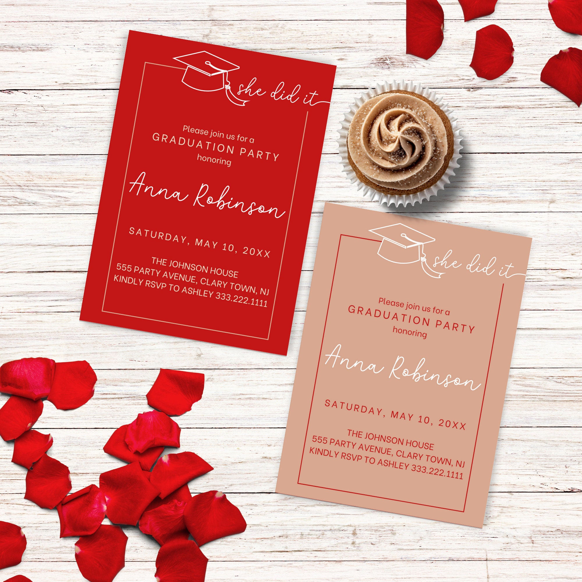 Red Graduation Invitation Canva Template, She Did It Grad Announcement ...