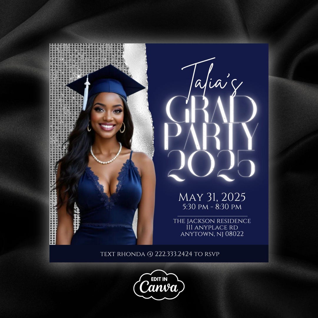 Editable Grad Party Flyer Template, Silver Grad Announcement Canva ...