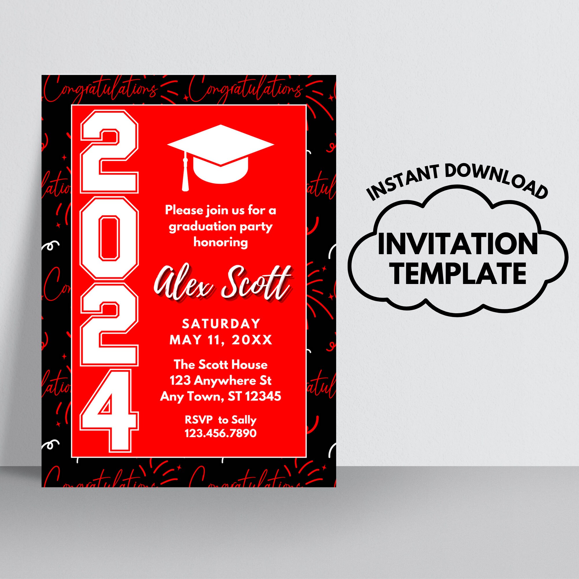 2024 Red Graduation Invitation Canva Template for Grad Party, Modern ...