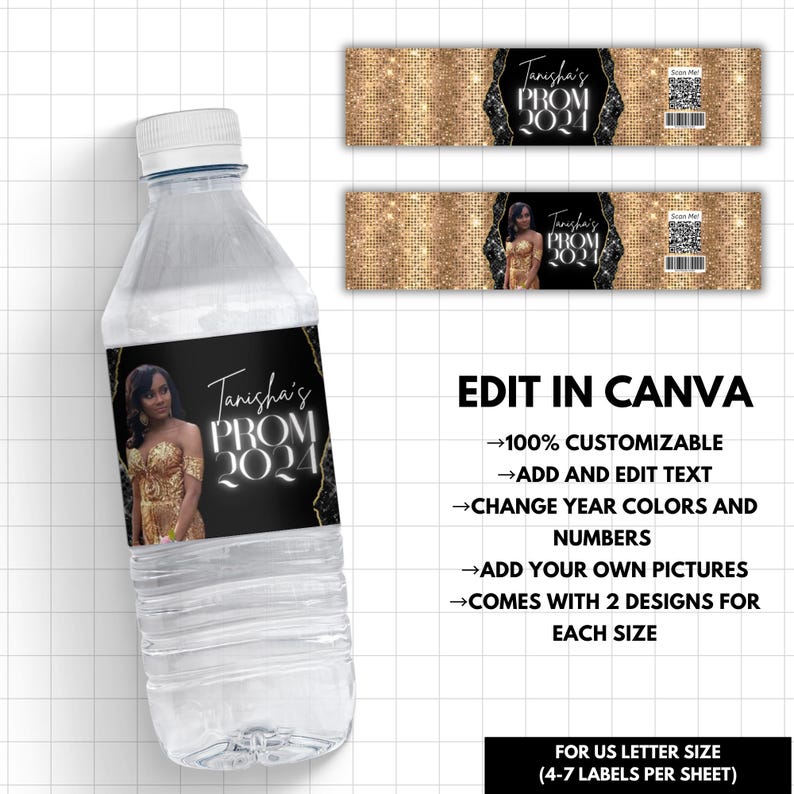 Editable Black Gold Prom Water Bottle Label, Prom Send off Canva ...