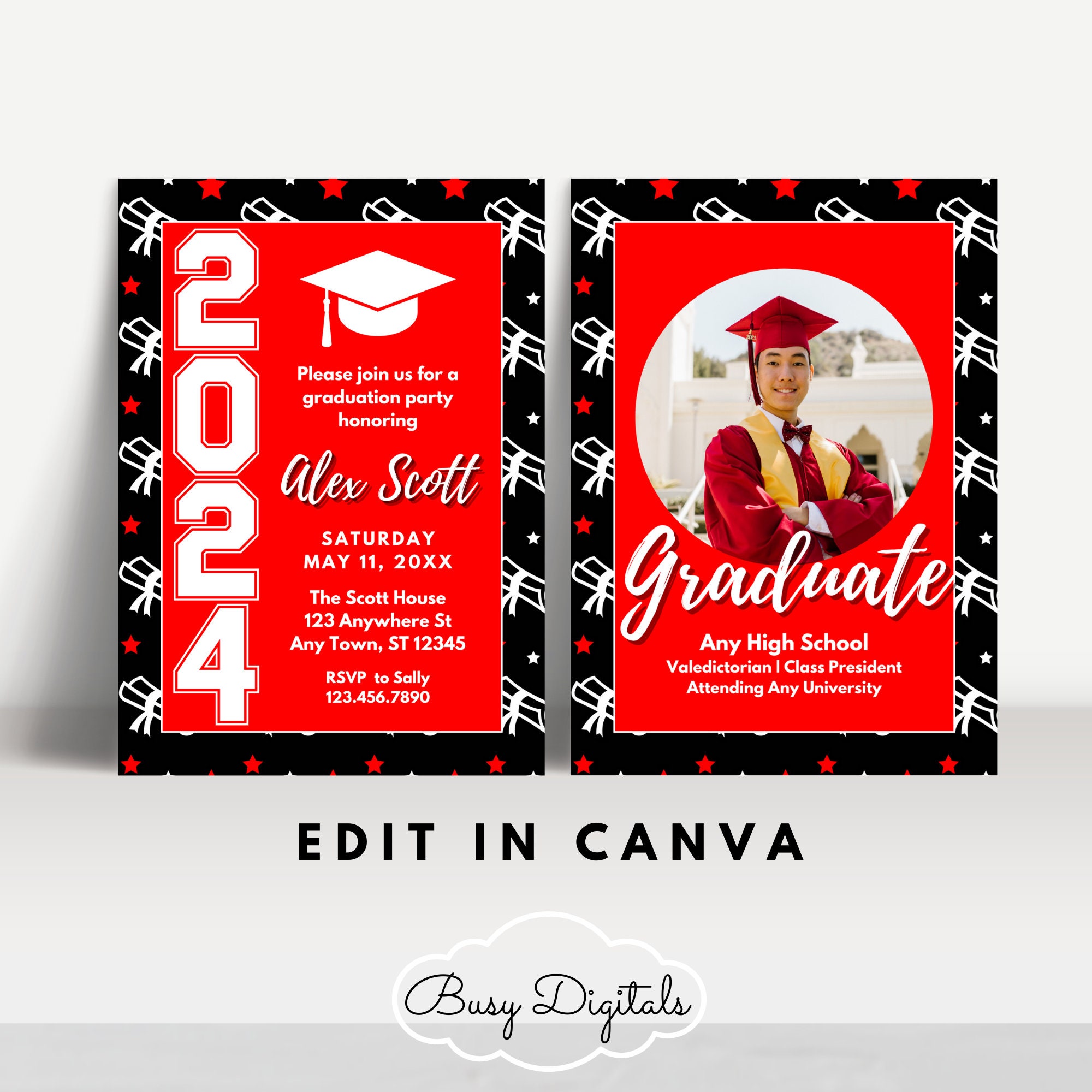 2024 Red Graduation Invitation Canva Template for Grad Party, Modern ...