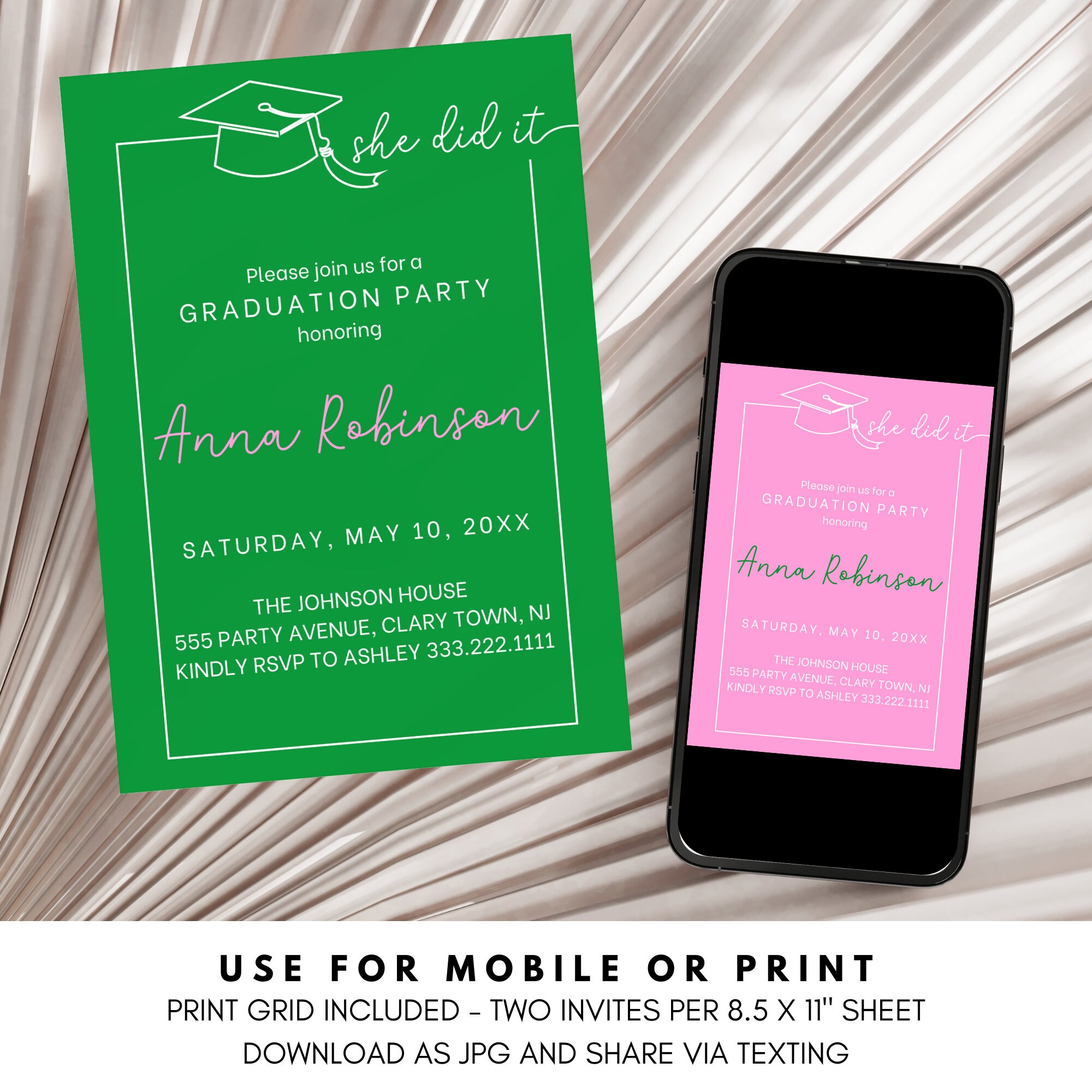 Pink & Green Graduation Invitation Canva Template, She Did It ...
