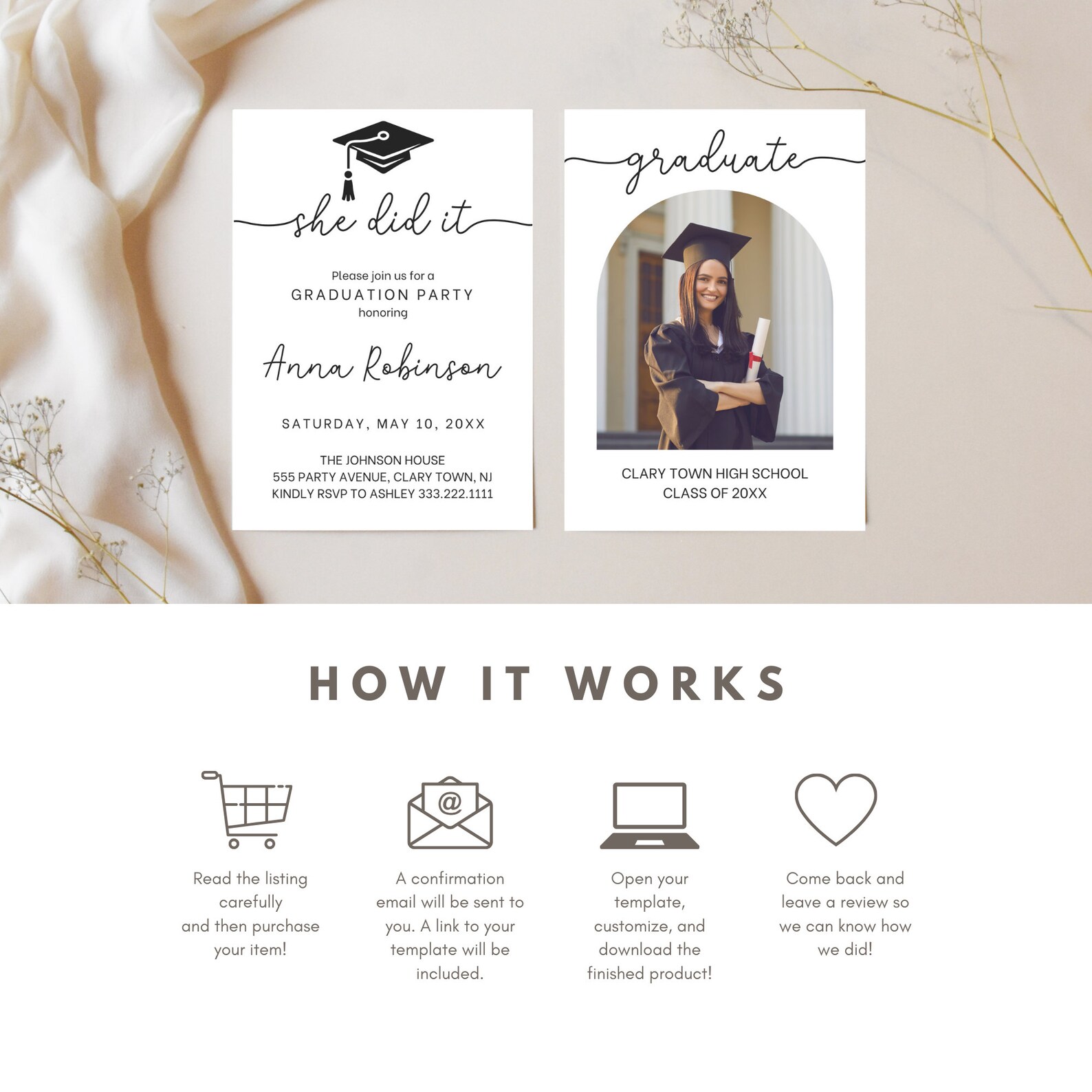 She Did It Grad Party Invite Canva Template, Minimalist Graduation ...