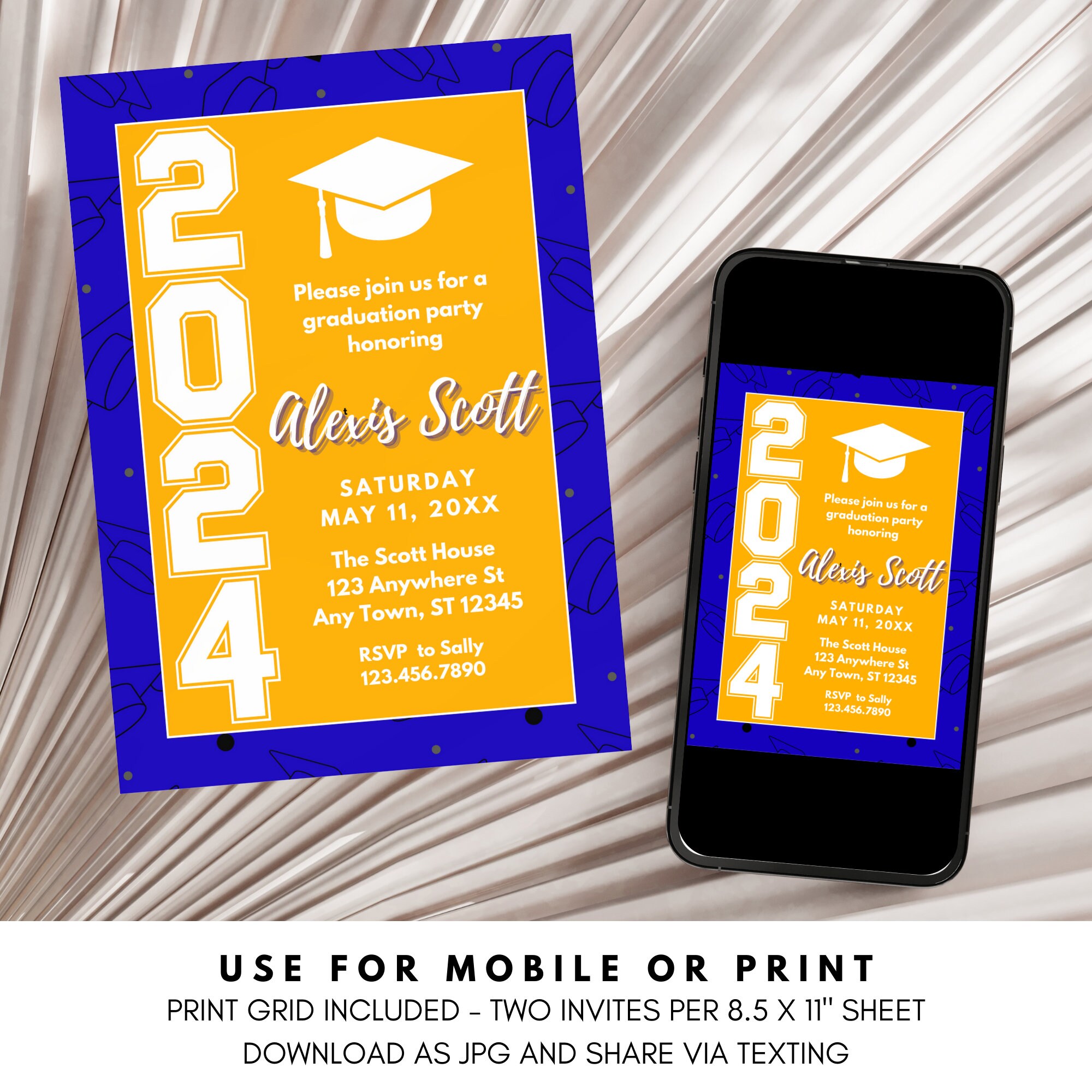 2024 Blue Yellow Graduation Invitation Canva Template, Modern Grad ...