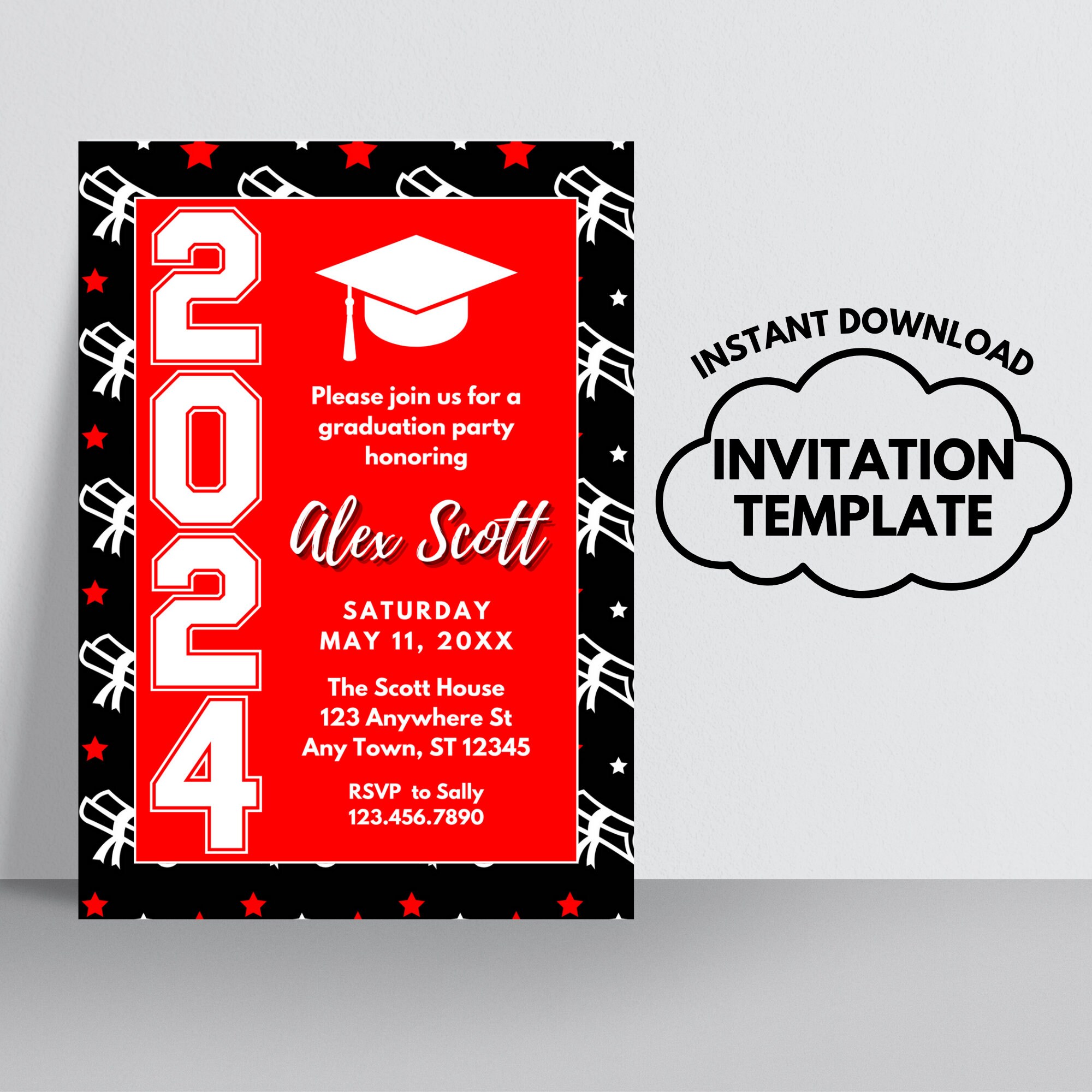2024 Red Graduation Invitation Canva Template for Grad Party, Modern ...