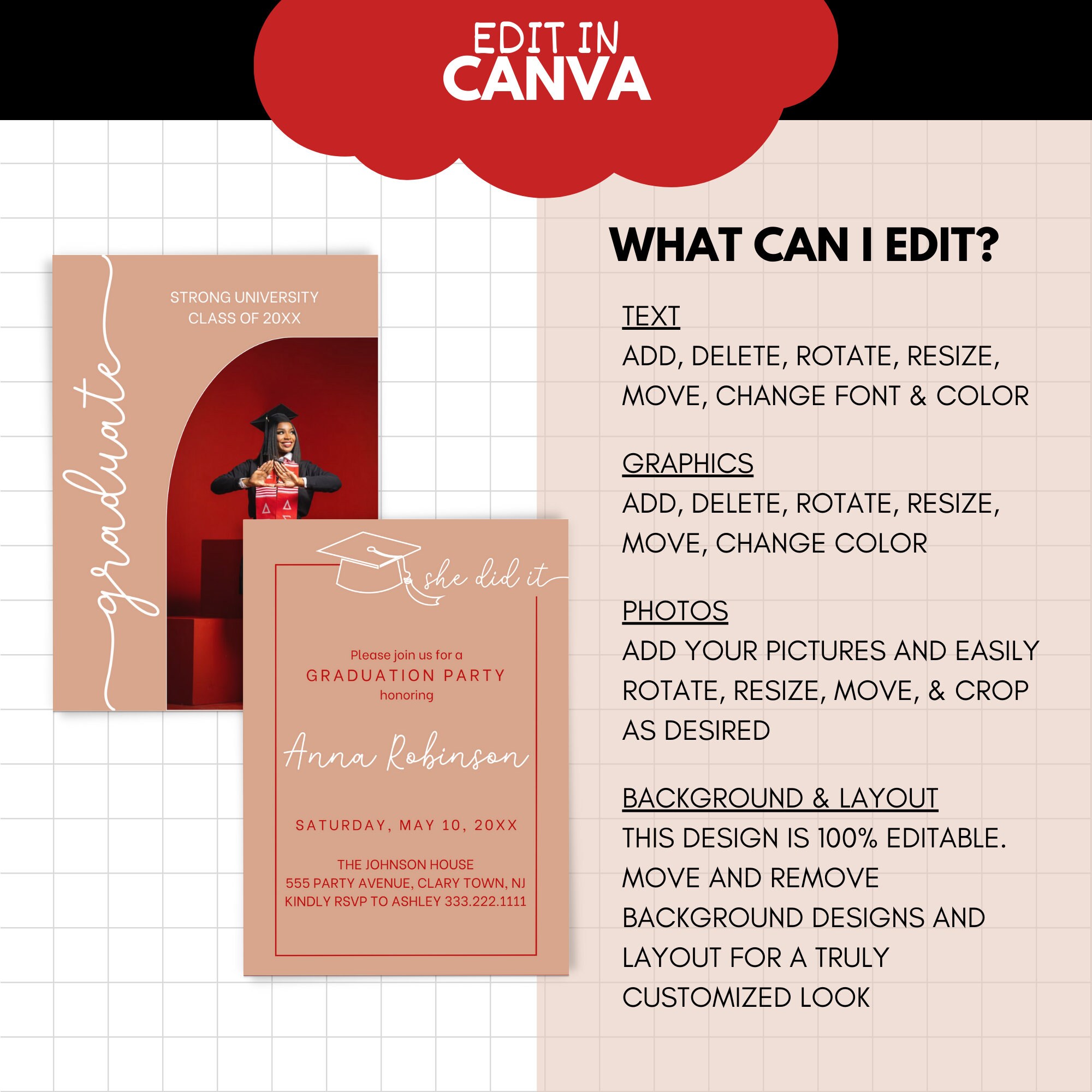 Red Graduation Invitation Canva Template, She Did It Grad Announcement ...