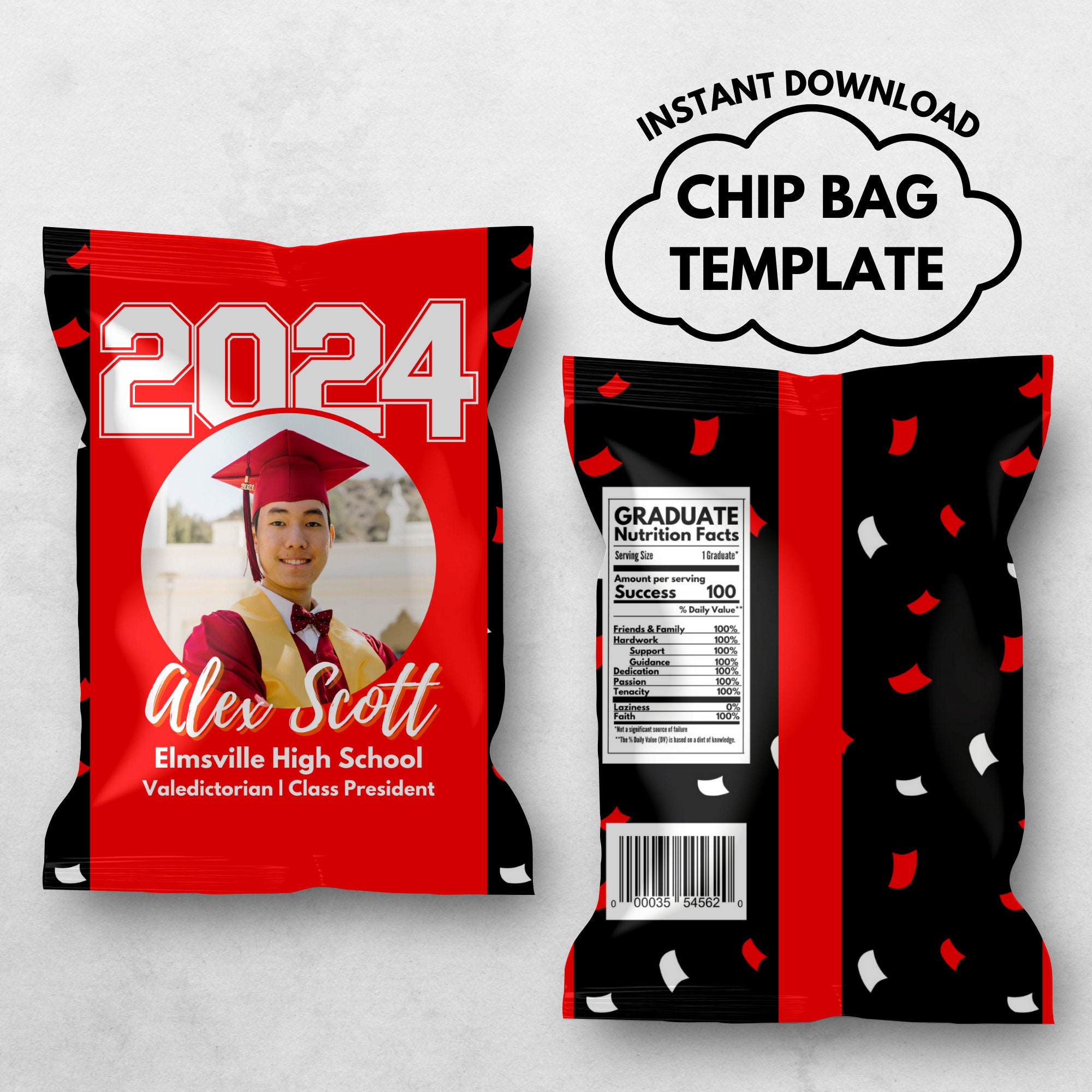 Red Chip Bag Canva Template for Graduation, 2026 Graduate Custom ...