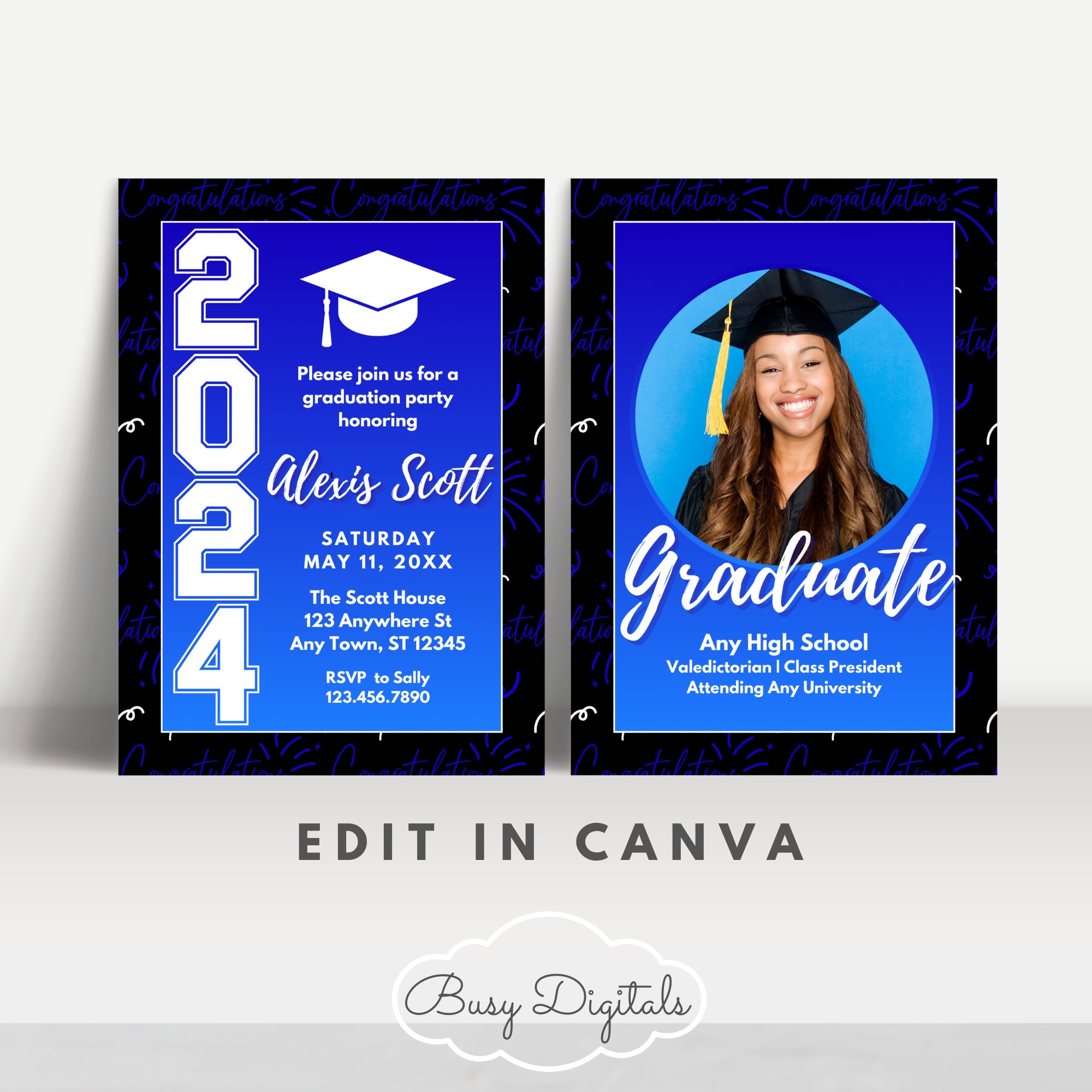 Blue Graduation Invitation Canva Template for 8th Grade, 4k Grad Photo ...