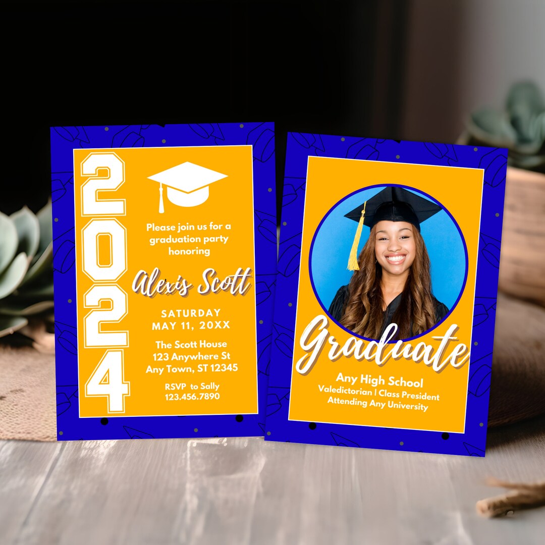 2024 Blue Yellow Graduation Invitation Canva Template, DIY Modern ...