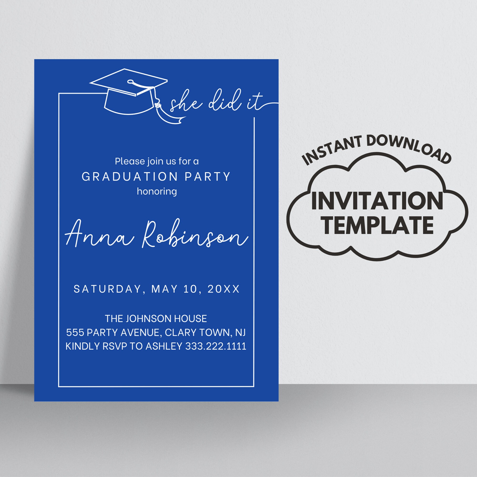 Blue and White Graduation Invitation Canva Template, She Did It Grad ...