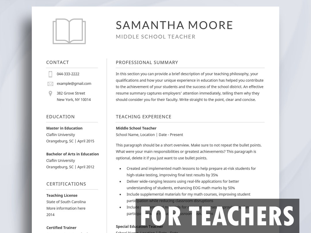 Teacher Resume Template for Word Teaching Resume - Etsy